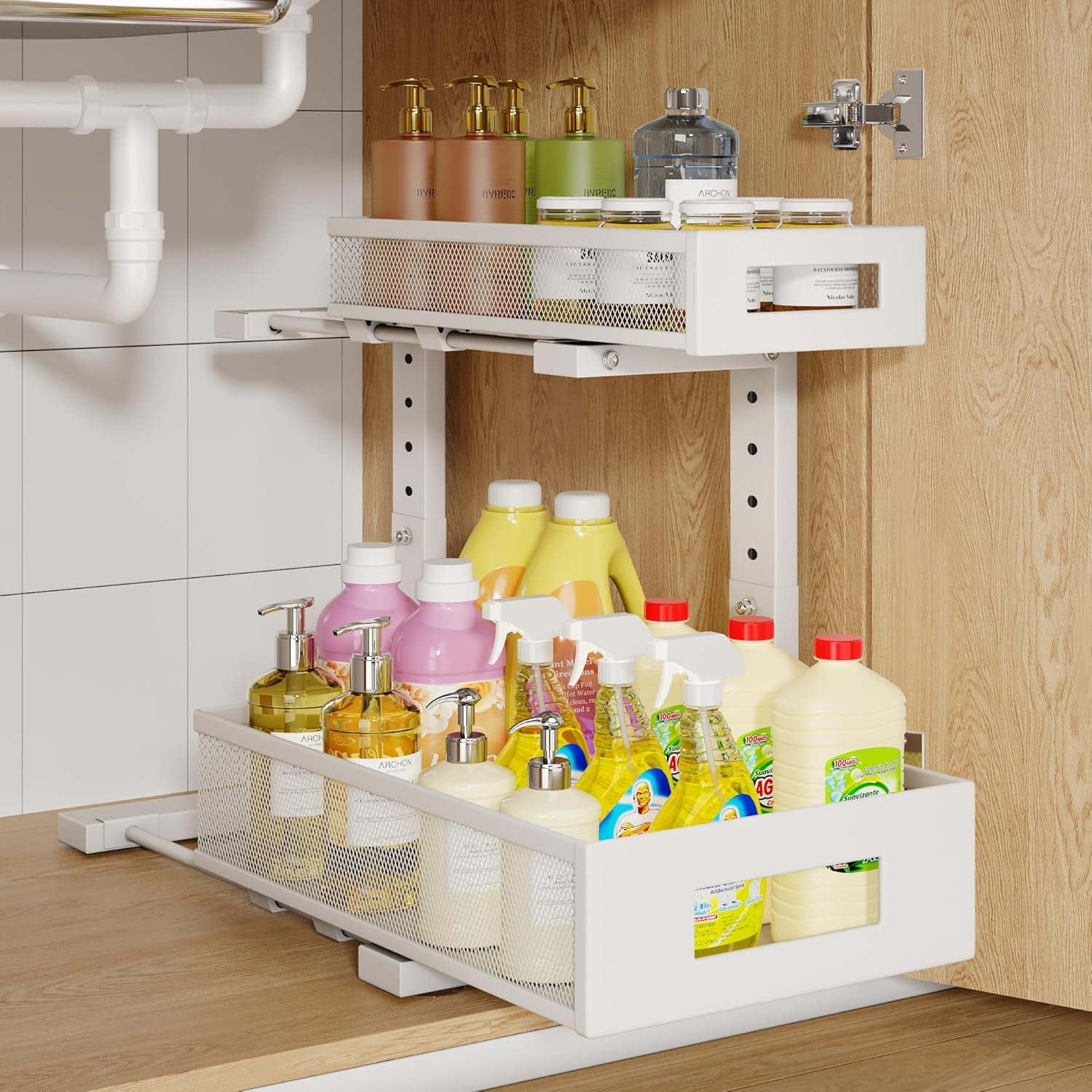 2-Pack Under Sink Storage Organizer, Large 2-Tier Elegant Mesh Pull Out ...