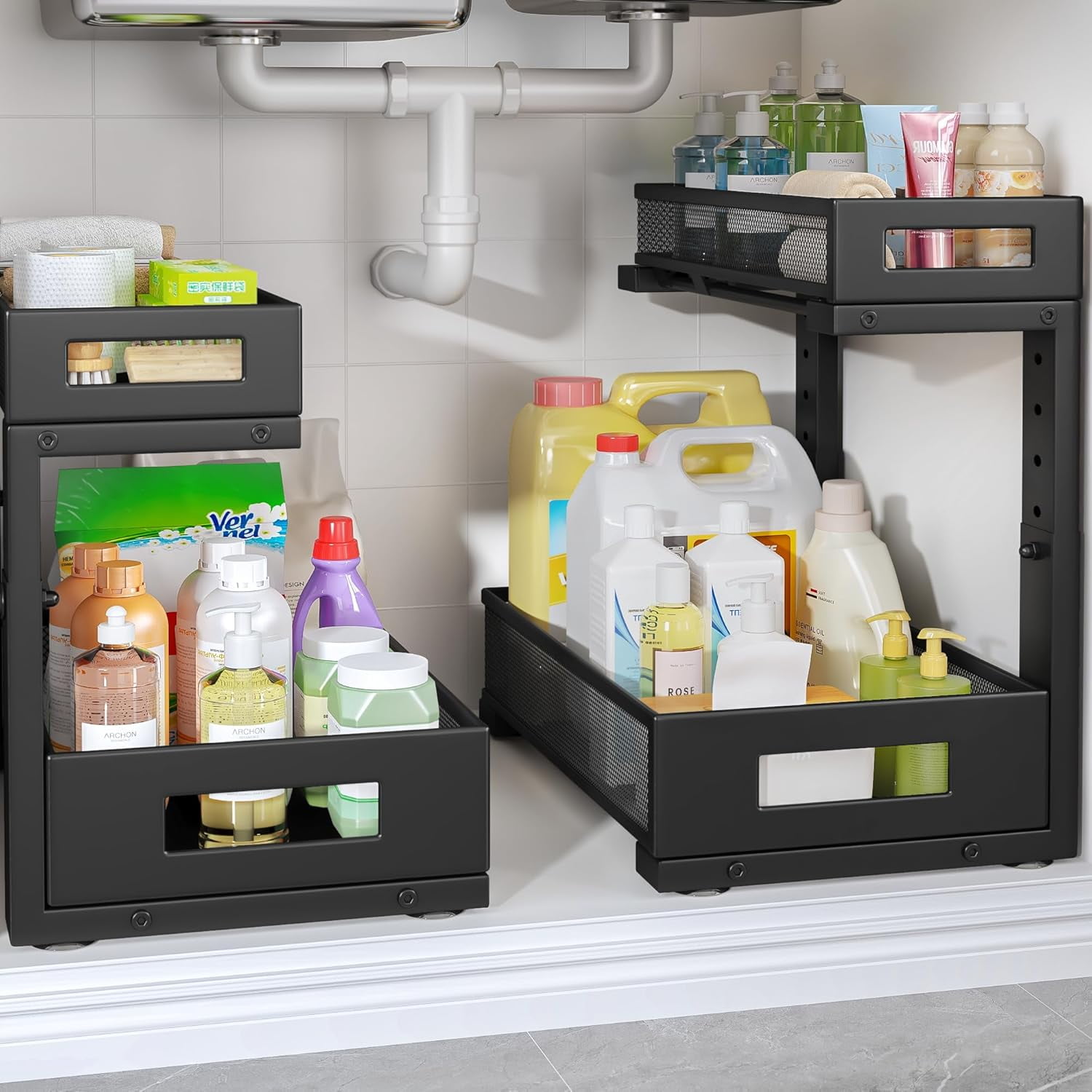 2-Pack Under Sink Storage Organizer, Large 2-Tier Elegant Mesh Pull Out ...