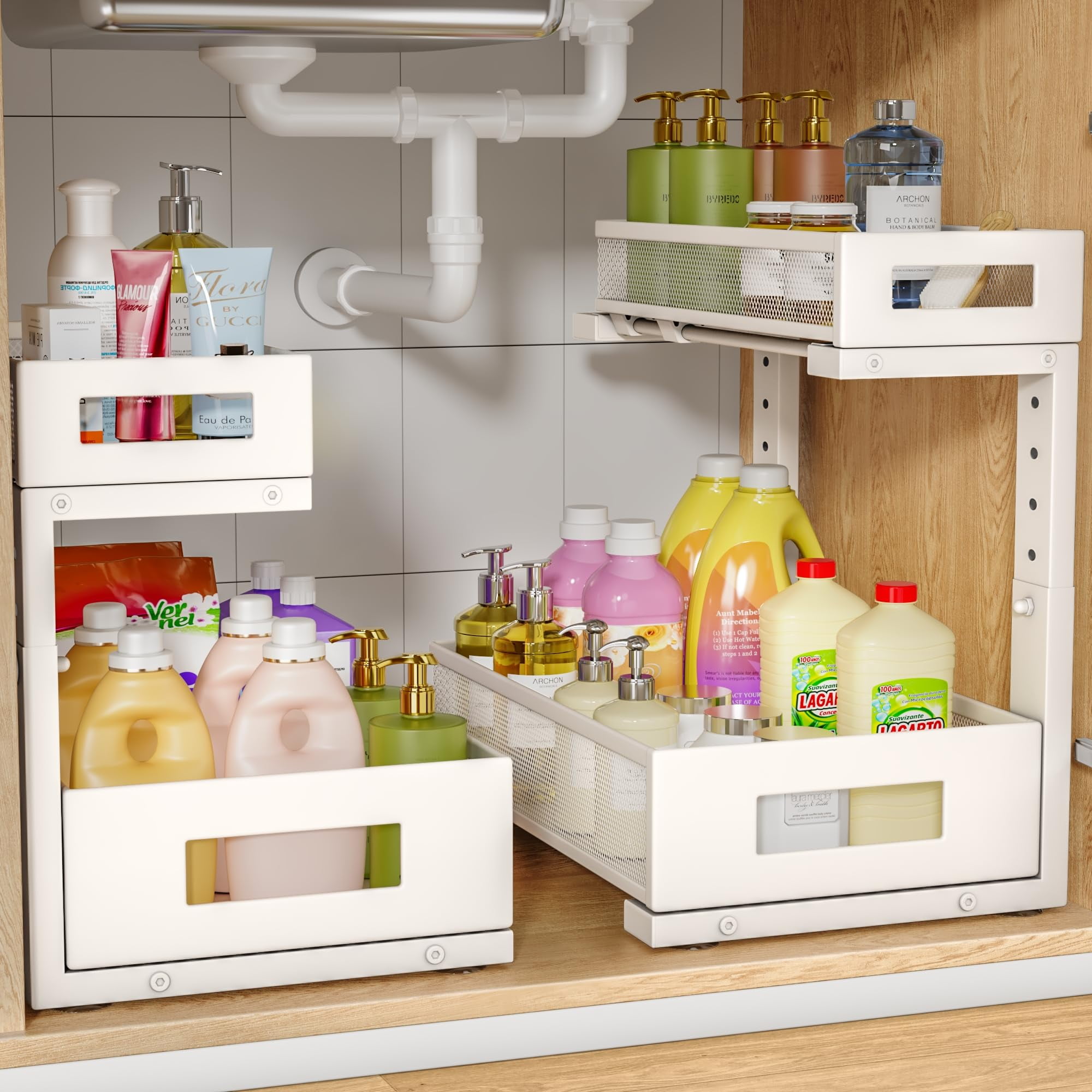 2-Pack Under Sink Storage Organizer, Large 2-Tier Elegant Pull Out ...