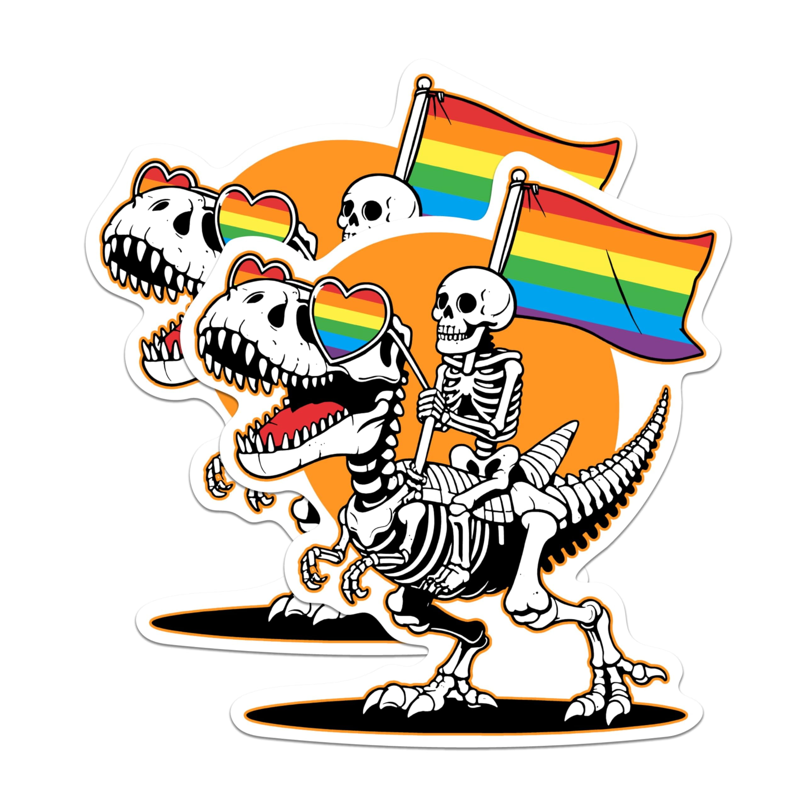 (2 Pack) Skeleton Riding a Trex Gay Pride Stickers - Cool Retro LGBTQ ...
