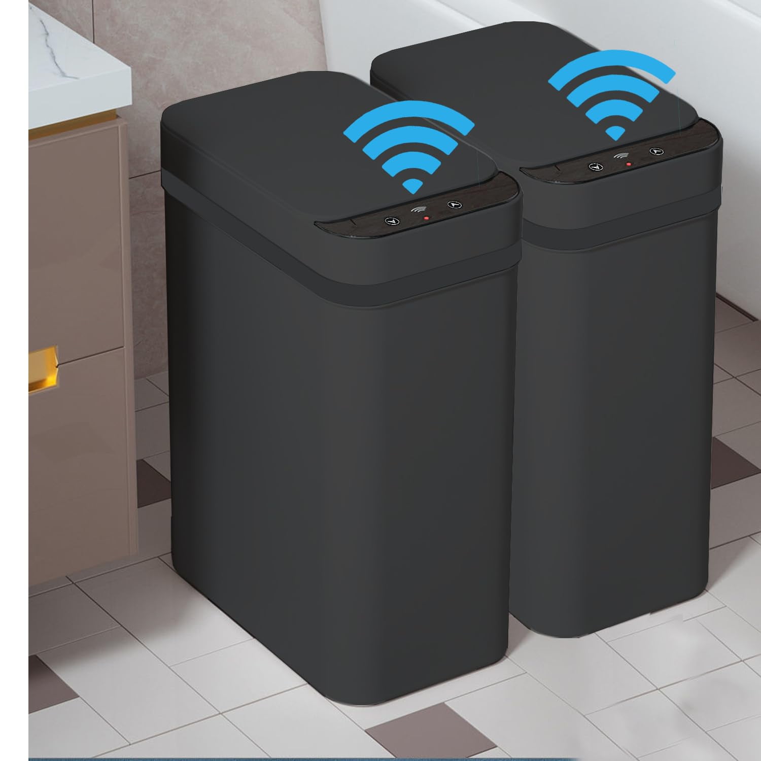 2 Pack - Skinny Trash Bin Sensor Motion 2.5 Gallon Touchless Bathroom ...