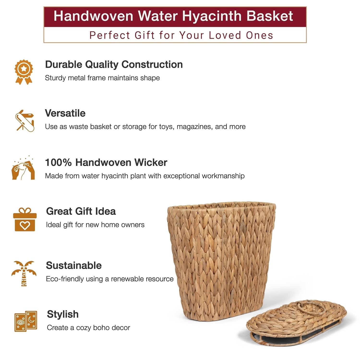2-Pack Slim Wicker Basket with Lid – Small Waste Basket for Narrow ...