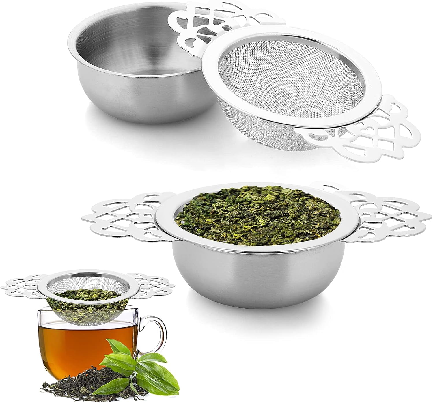 2 Pack Small Fine Mesh Tea Strainers with Bowl, Stainless Steel Loose ...