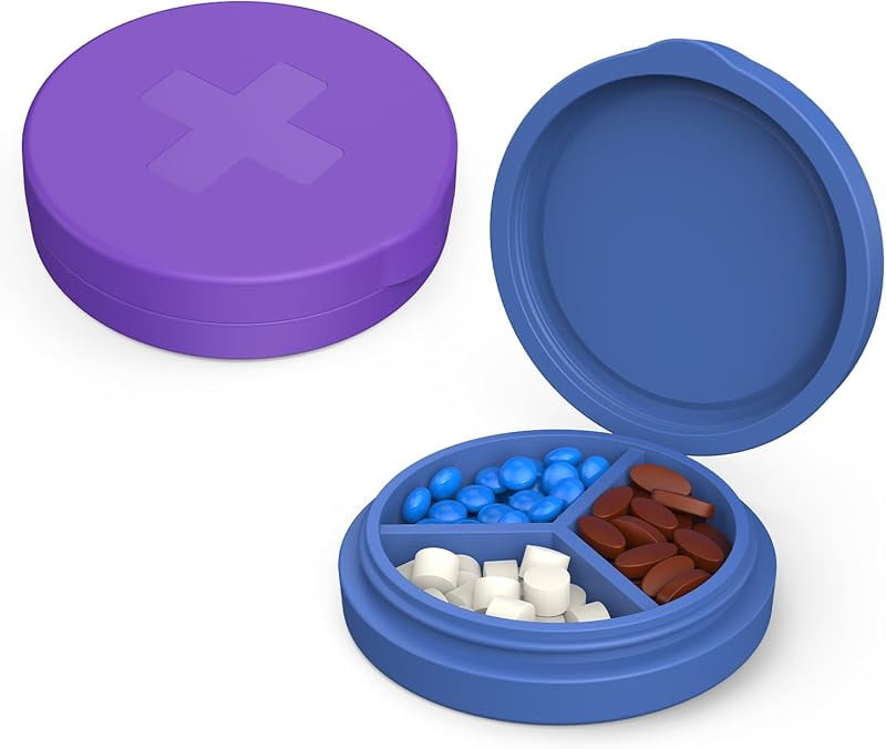 2 Pack Small Pill Box,3 Compartment Round Silicone Travel Pill Box for ...