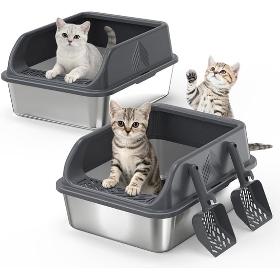 2 Pack Small Stainless Steel Litter Box with Lid for Kitten, Metal Cat ...