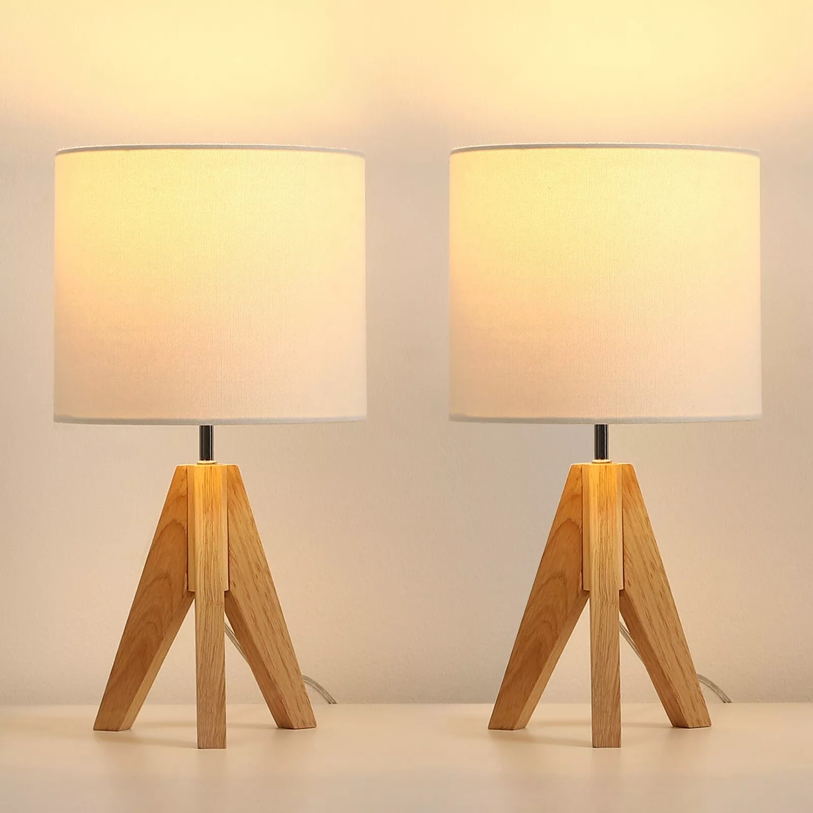 2 Pack Small Table Lamp, Wooden Tripod Table Lamp White Linen Fabric ...