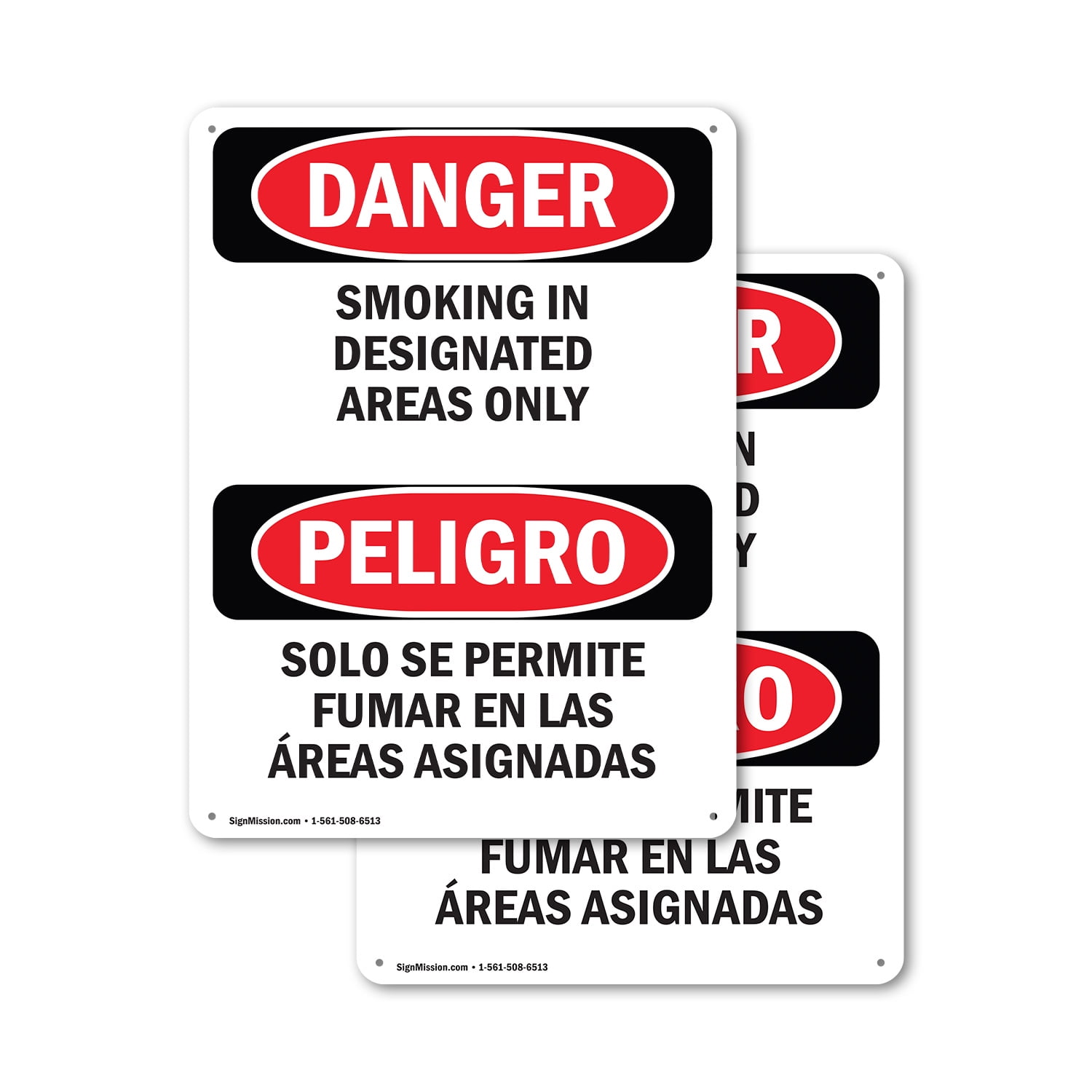 (2 Pack) Smoking In Designated Areas Only Bilingual OSHA Danger Sign 7 ...