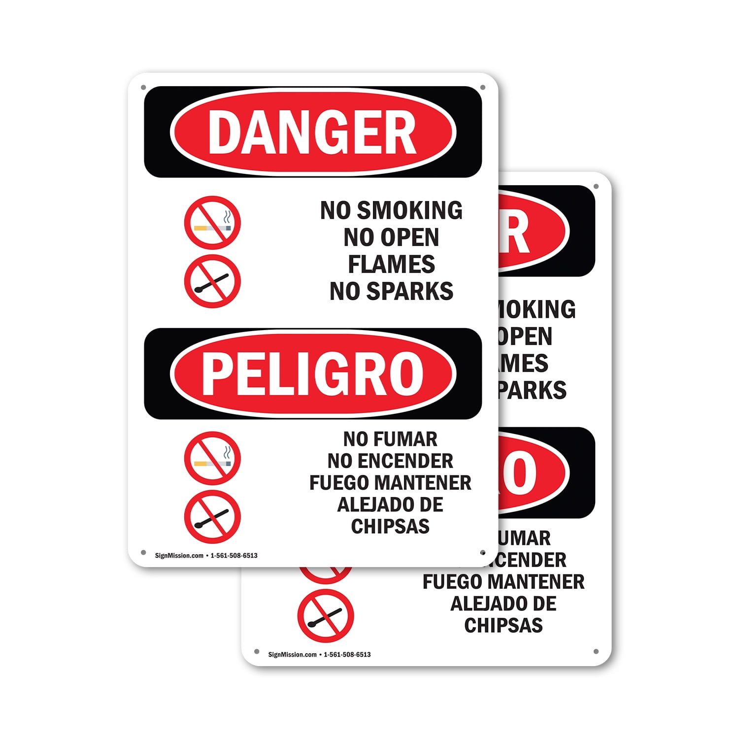 (2 Pack) No Smoking Open Flames Sparks Bilingual OSHA Danger Sign 10 ...
