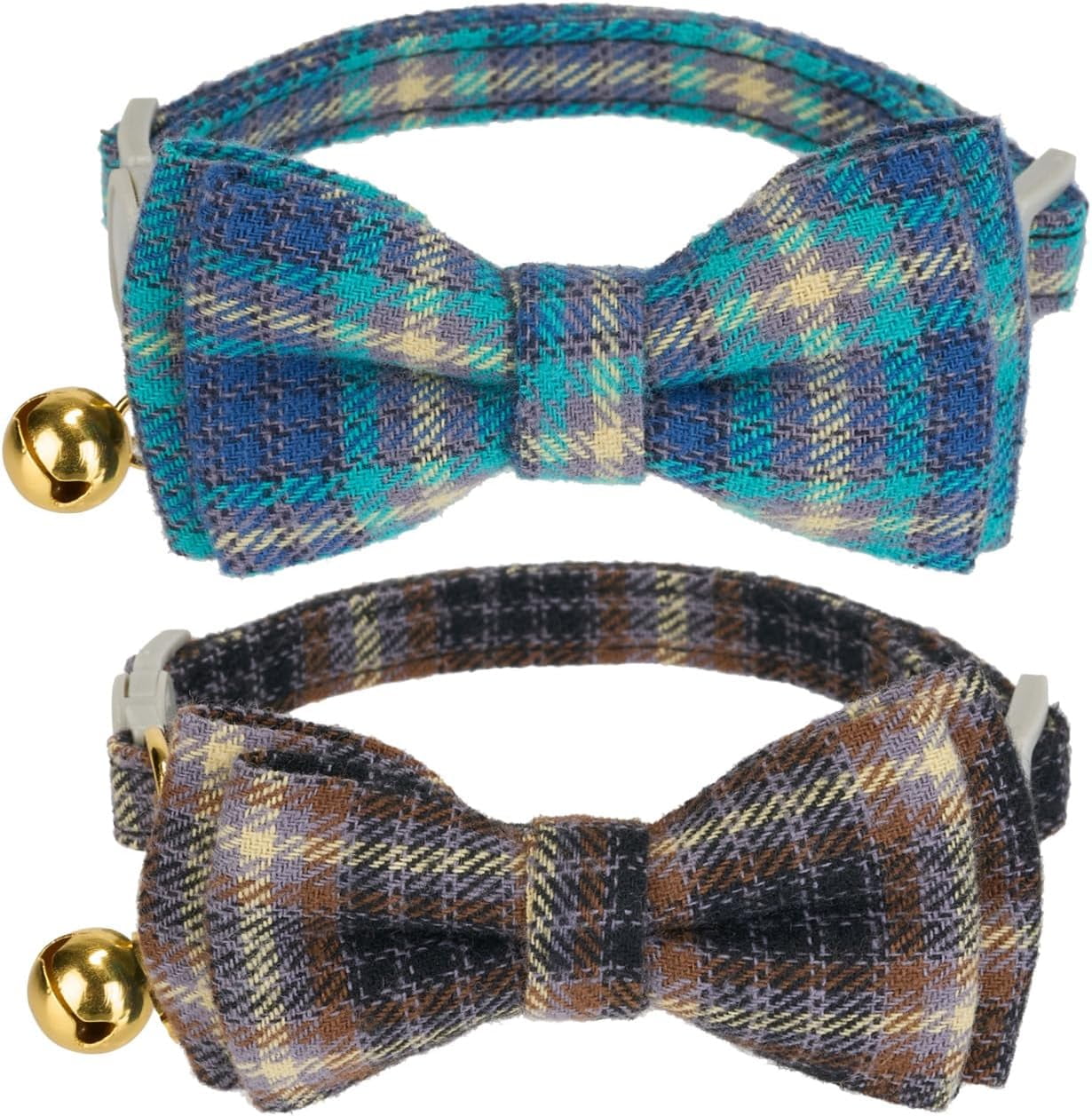 2 Pack Soft Cotton Cat Collars with Bowtie and Bell Breakaway Plaid Cat ...