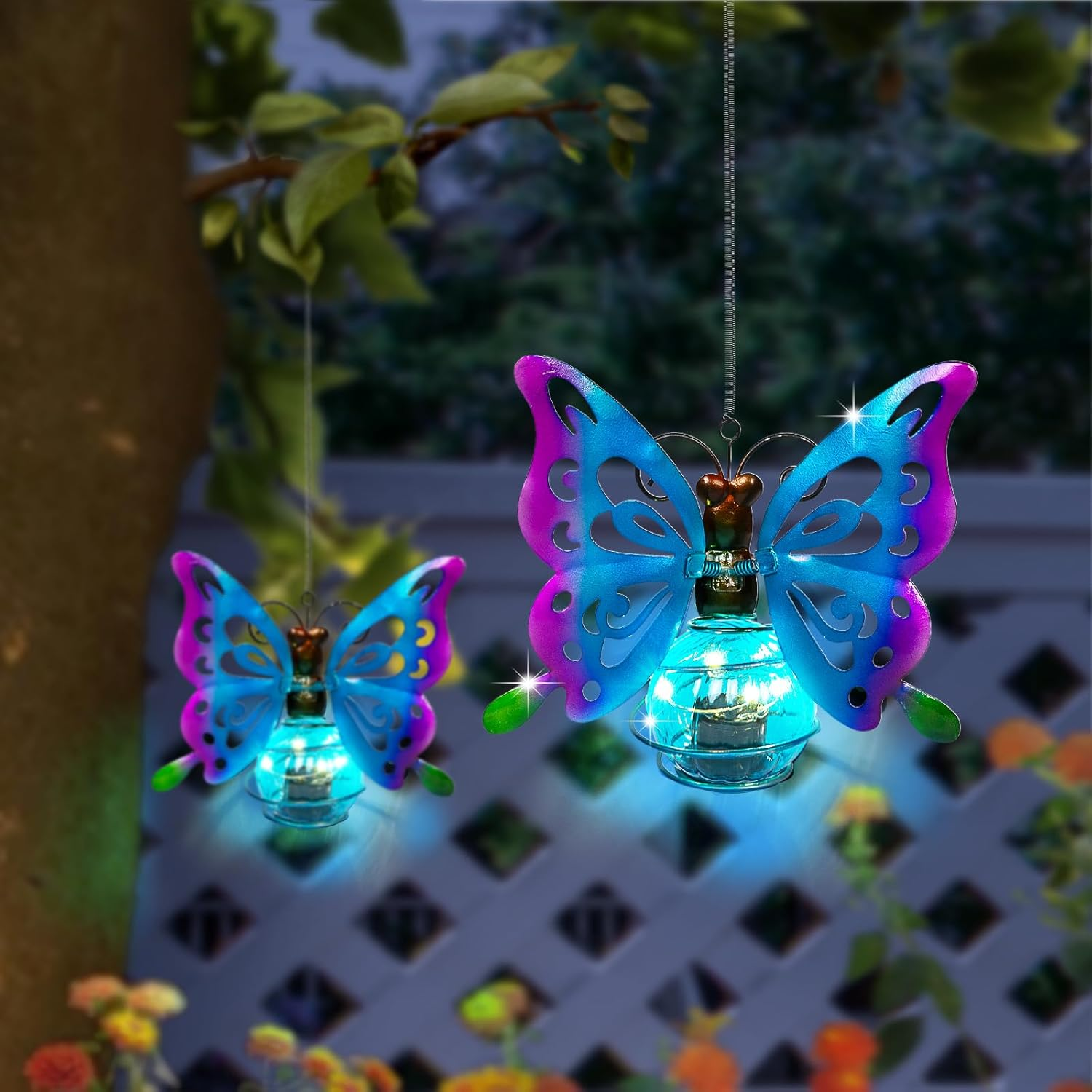 2 Pack Solar Butterfly Hanging Lantern Waterproof LED Outdoor Decor ...