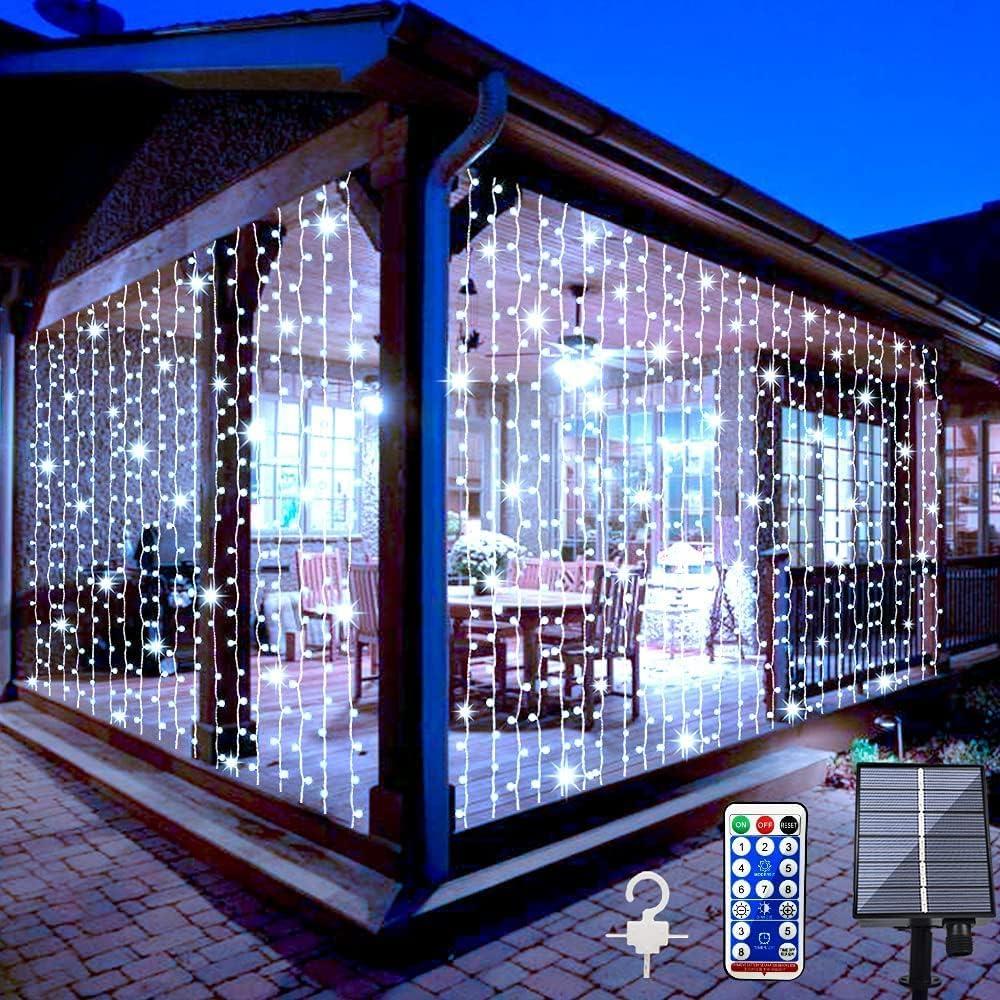 2 Pack Solar Curtain Lights Outdoor Garden Fairy String Lights 300 LED ...
