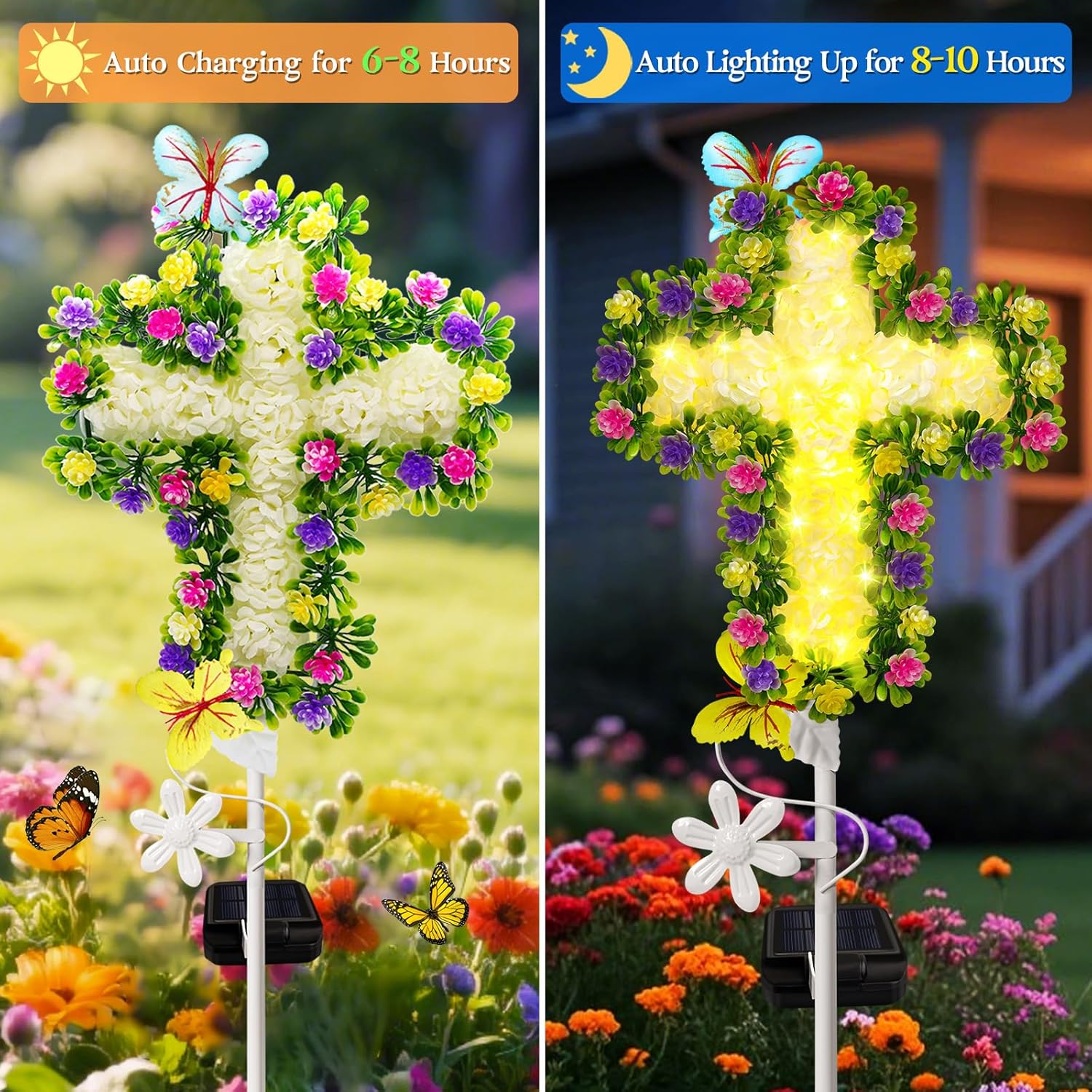 2 Pack Solar Flower Cross for Cemetery Grave, Grave Decorations for ...
