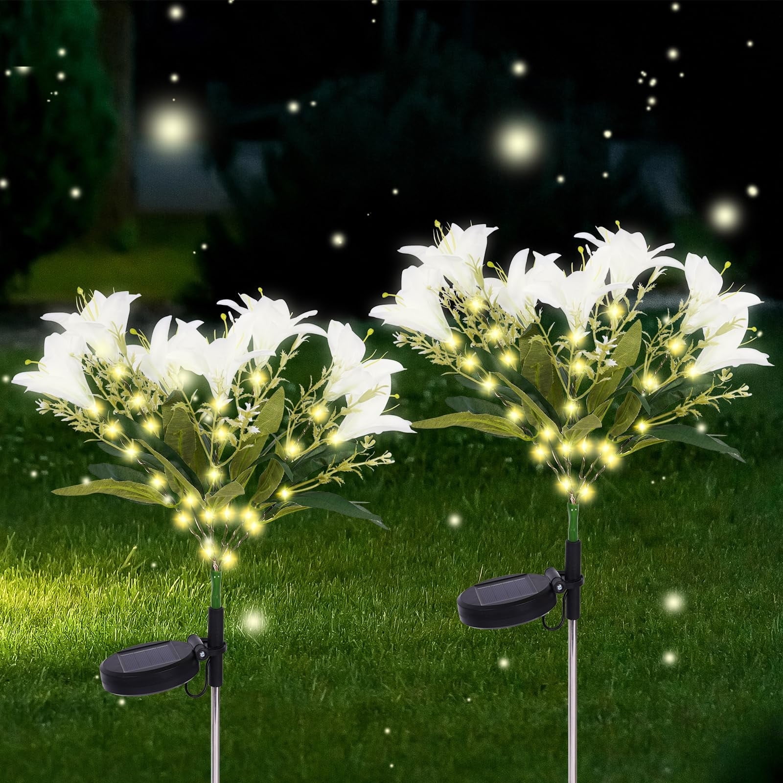 2 Pack Solar Flowers,LED Solar Lily,14 White Lily Flower Light,Solar ...
