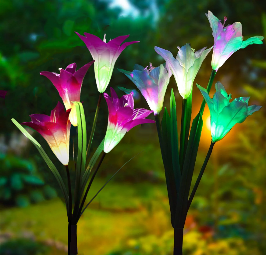 2 Pack Solar Flowers Lamp,7 Color Changing LED Flowers Outdoor Solar ...