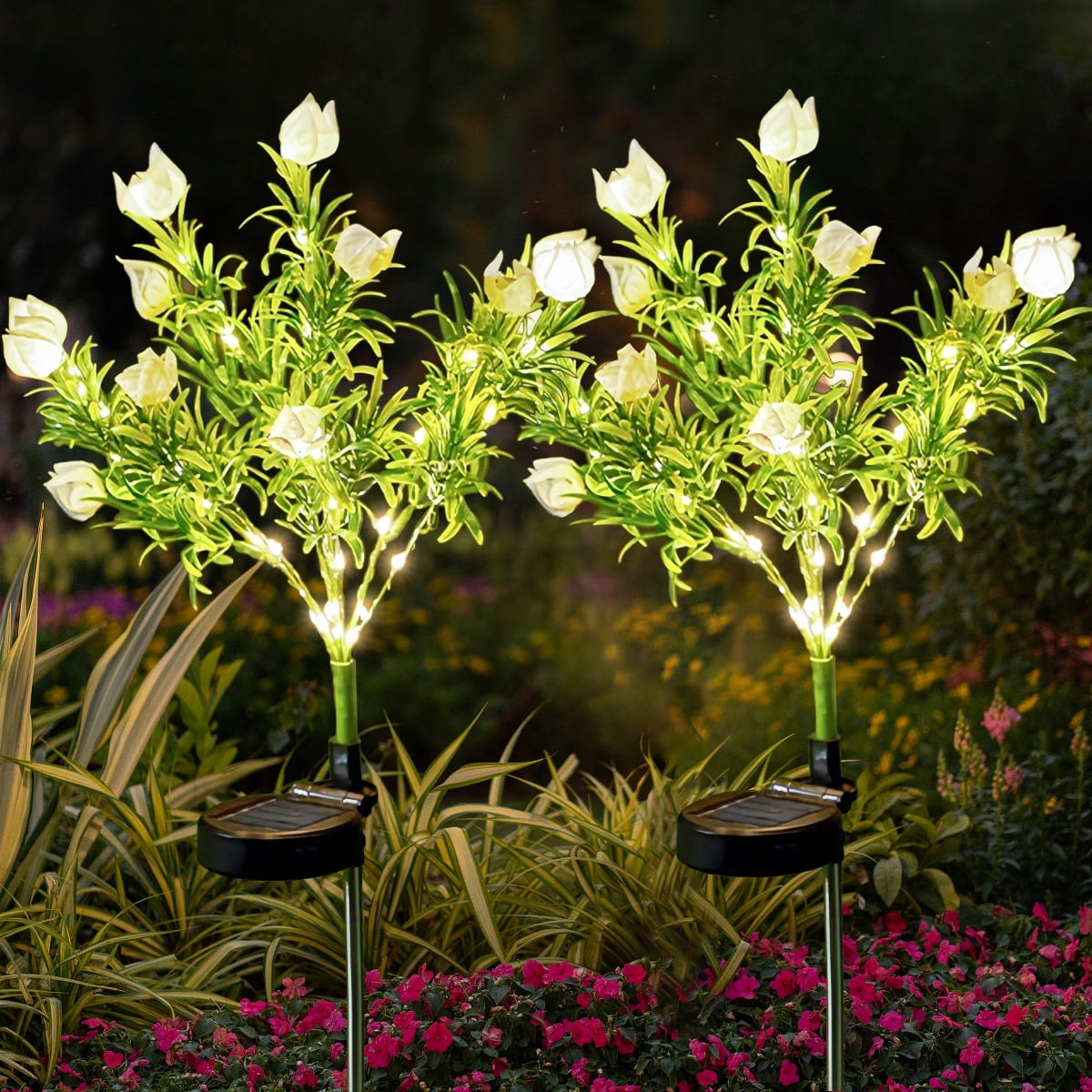 2 Pack Solar Garden Lights, Outdoor LED Solar Gardenia Lights ...