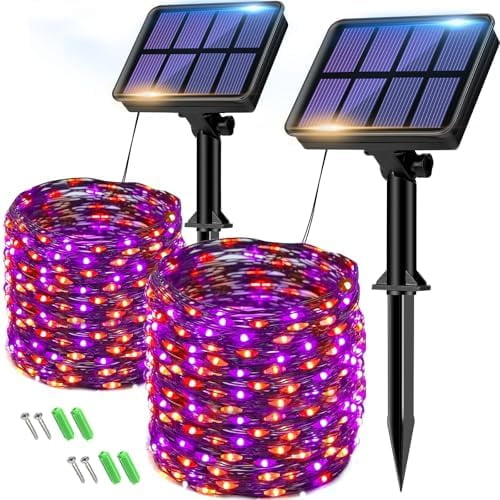 2 Pack Solar Halloween String Lights Outdoor, Orange Purple 160LED 66FT ...