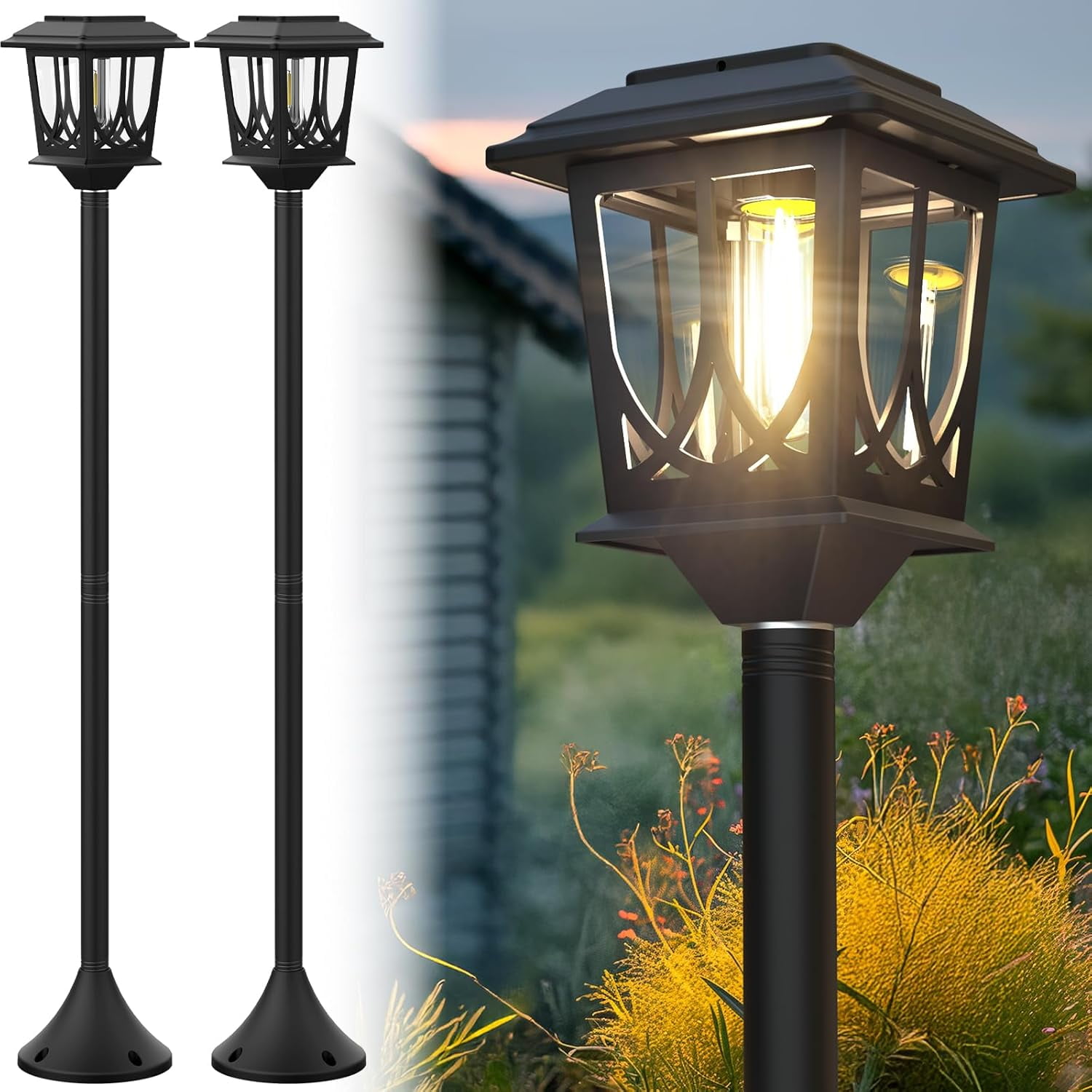2 Pack Solar Lamp Post Light 40 Inch, Metal Glass Outdoor Solar Lights ...