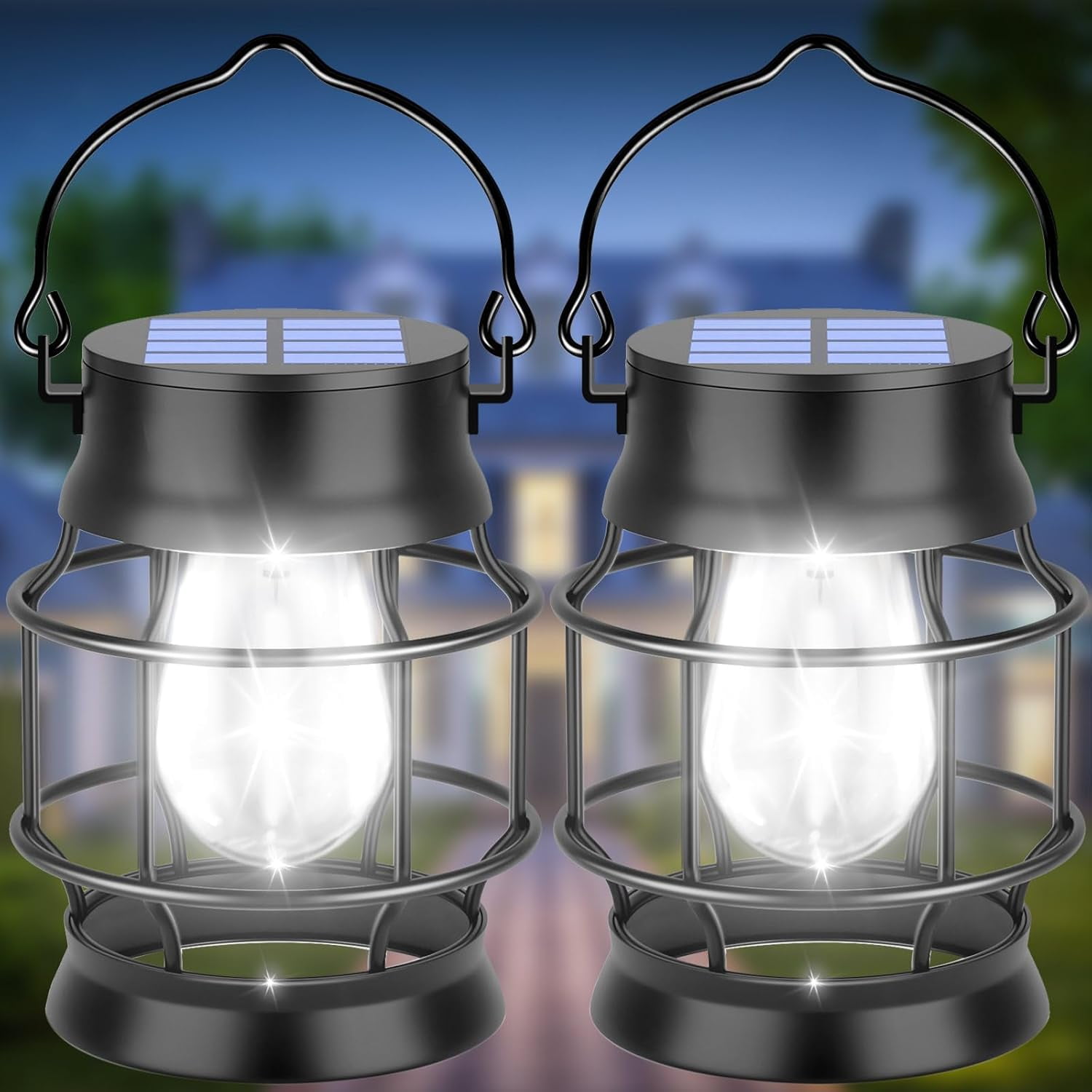 2 Pack Solar Lantern Lights Outdoor Waterproof Metal Hanging Solar ...
