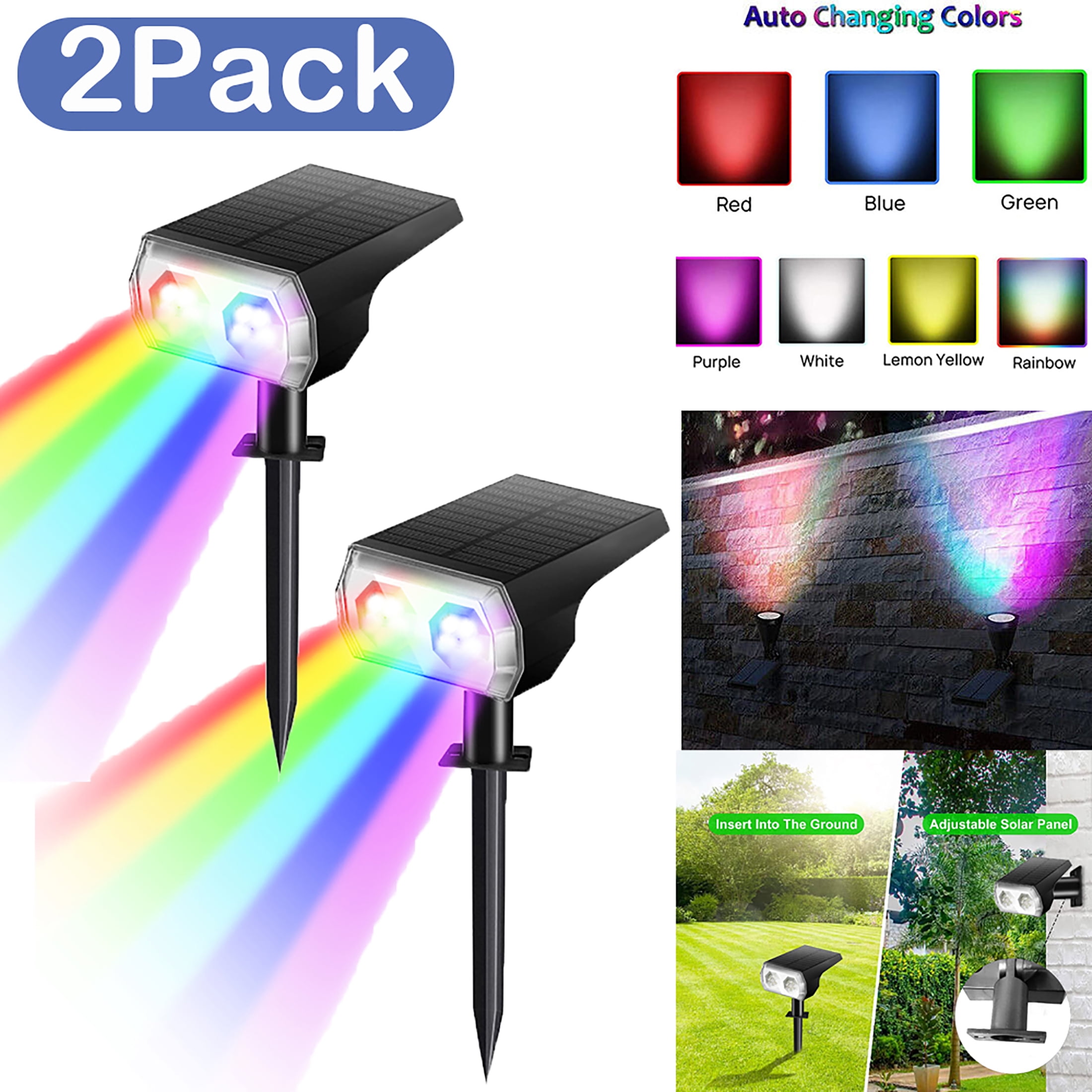 2-Pack Solar Landscape Spotlights, RGB Garden Yard Lights with Auto On ...