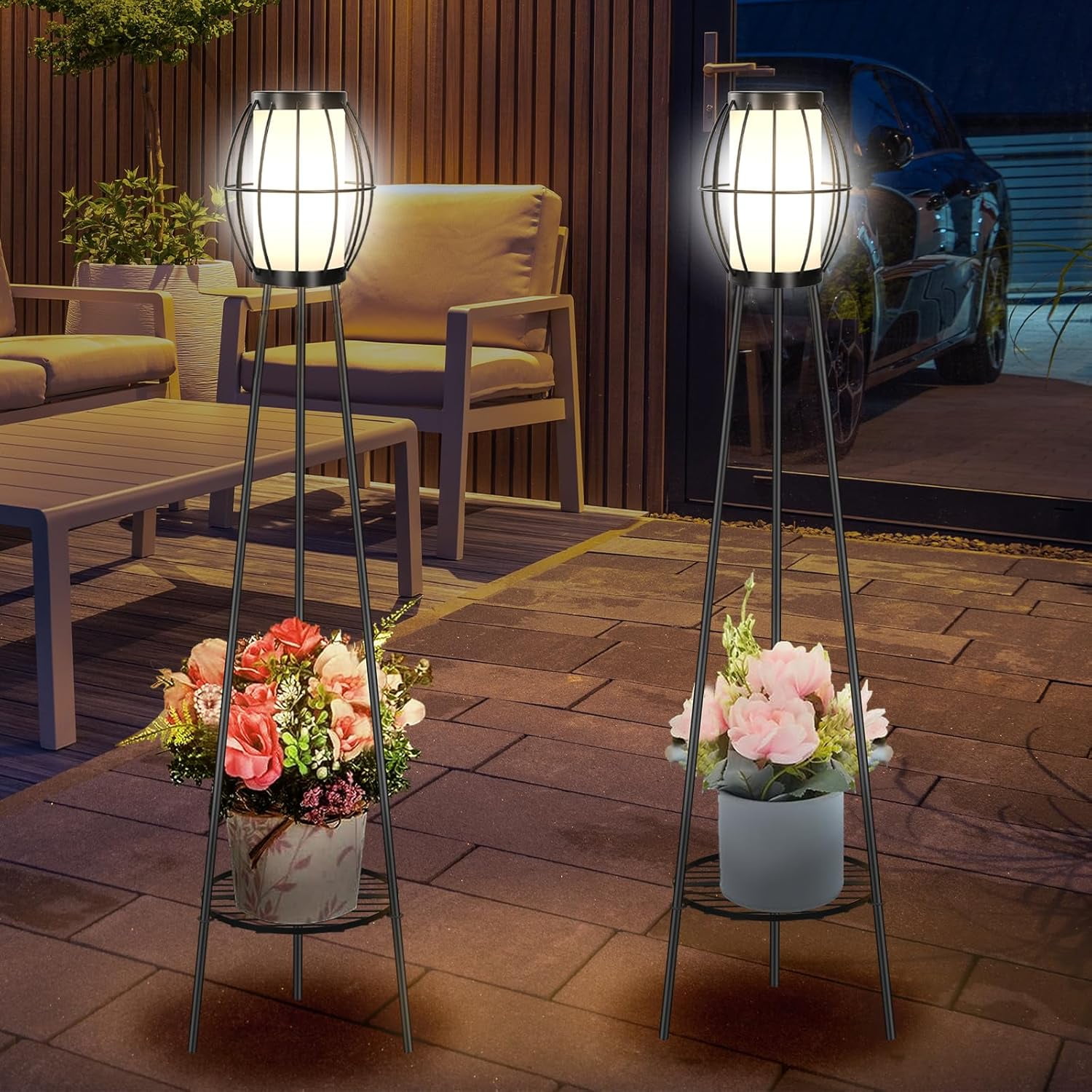 2 Pack Solar Lights Outdoor with Plant Stands, Solar Floor Lamps, Black ...