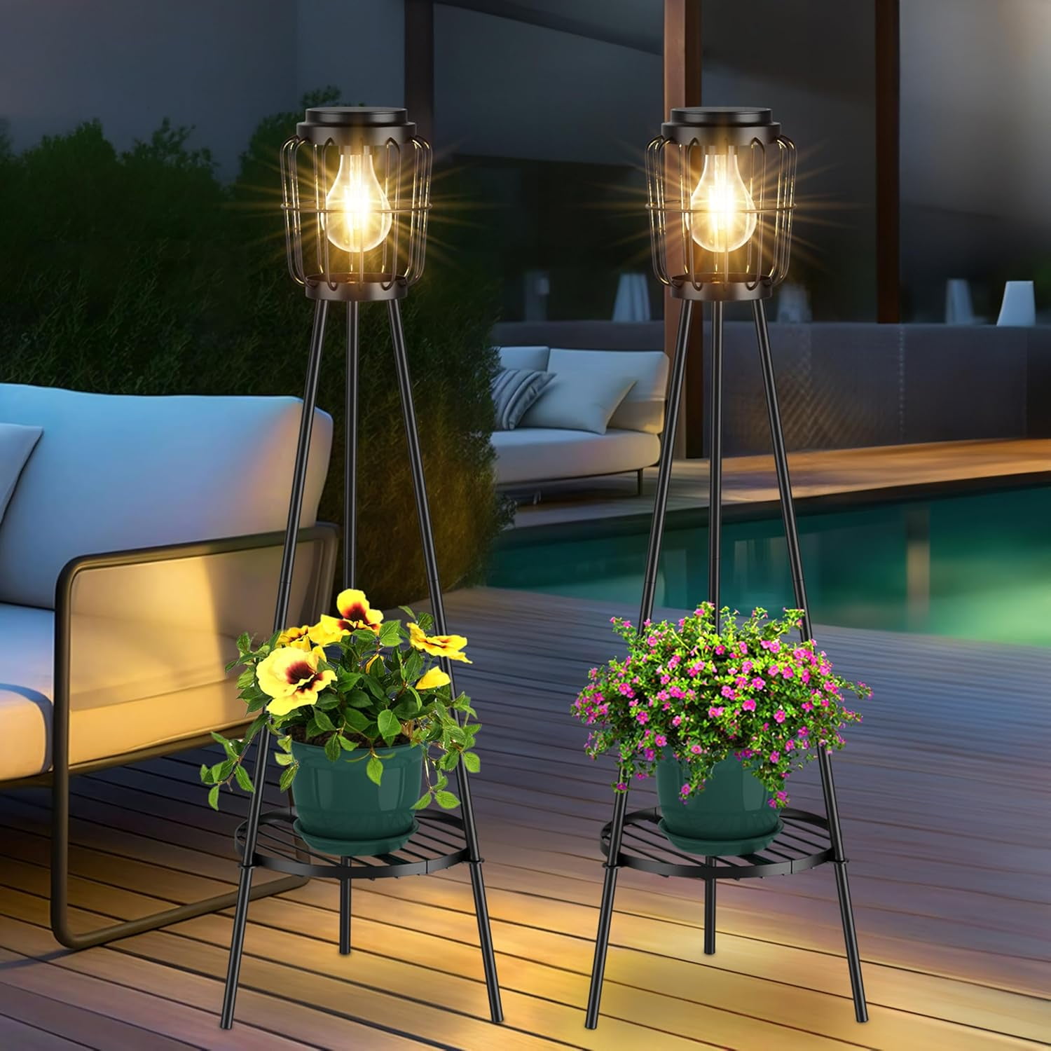 2 Pack Solar Lights with Plant Stand, Outdoor Floor Lamp, Waterproof ...