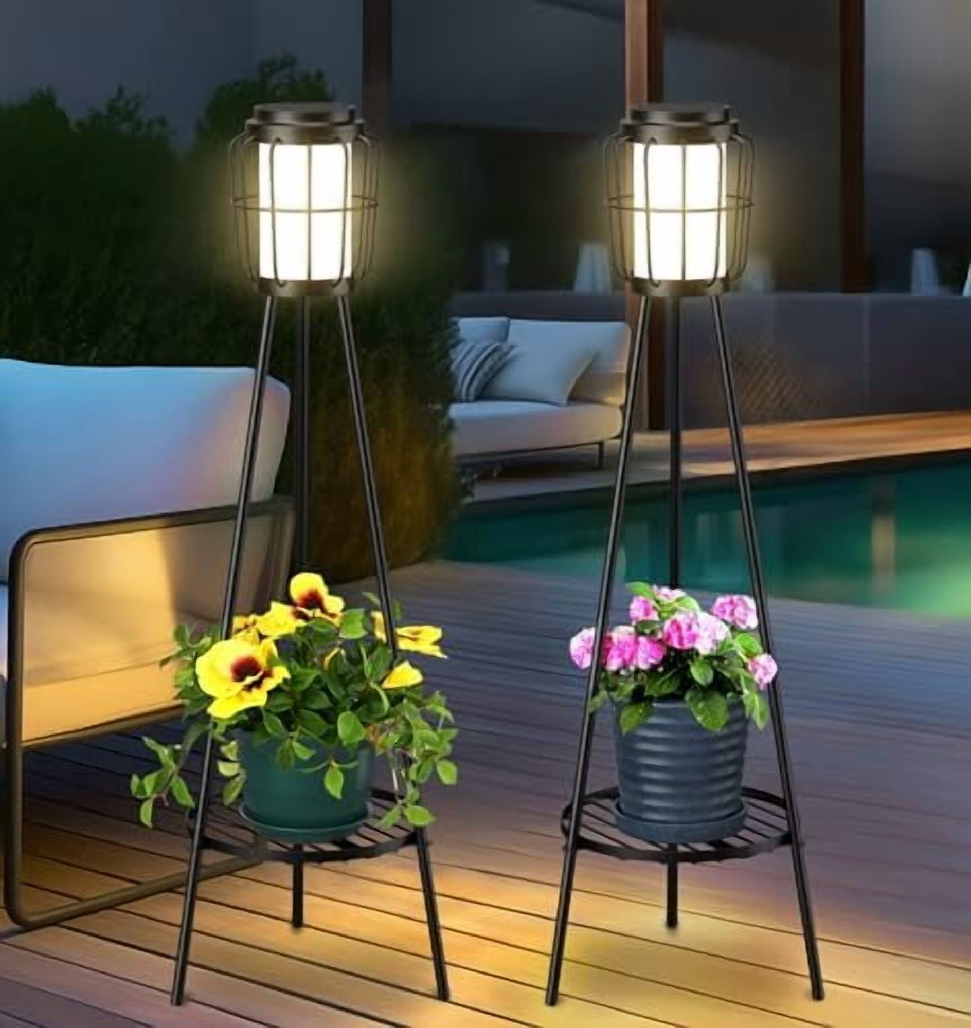 2 Pack Solar Lights with Plant Stand, Outdoor Floor Lamps, Waterproof ...