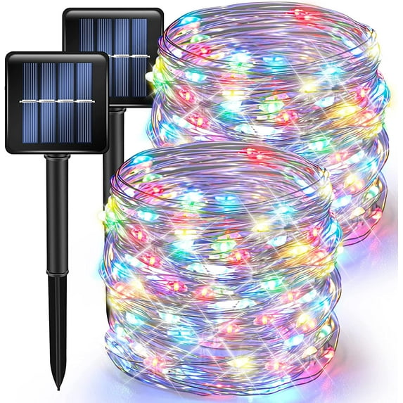 2 Pack Solar Powered String Lights Outdoor, 33 FT 100 LED Waterproof ...