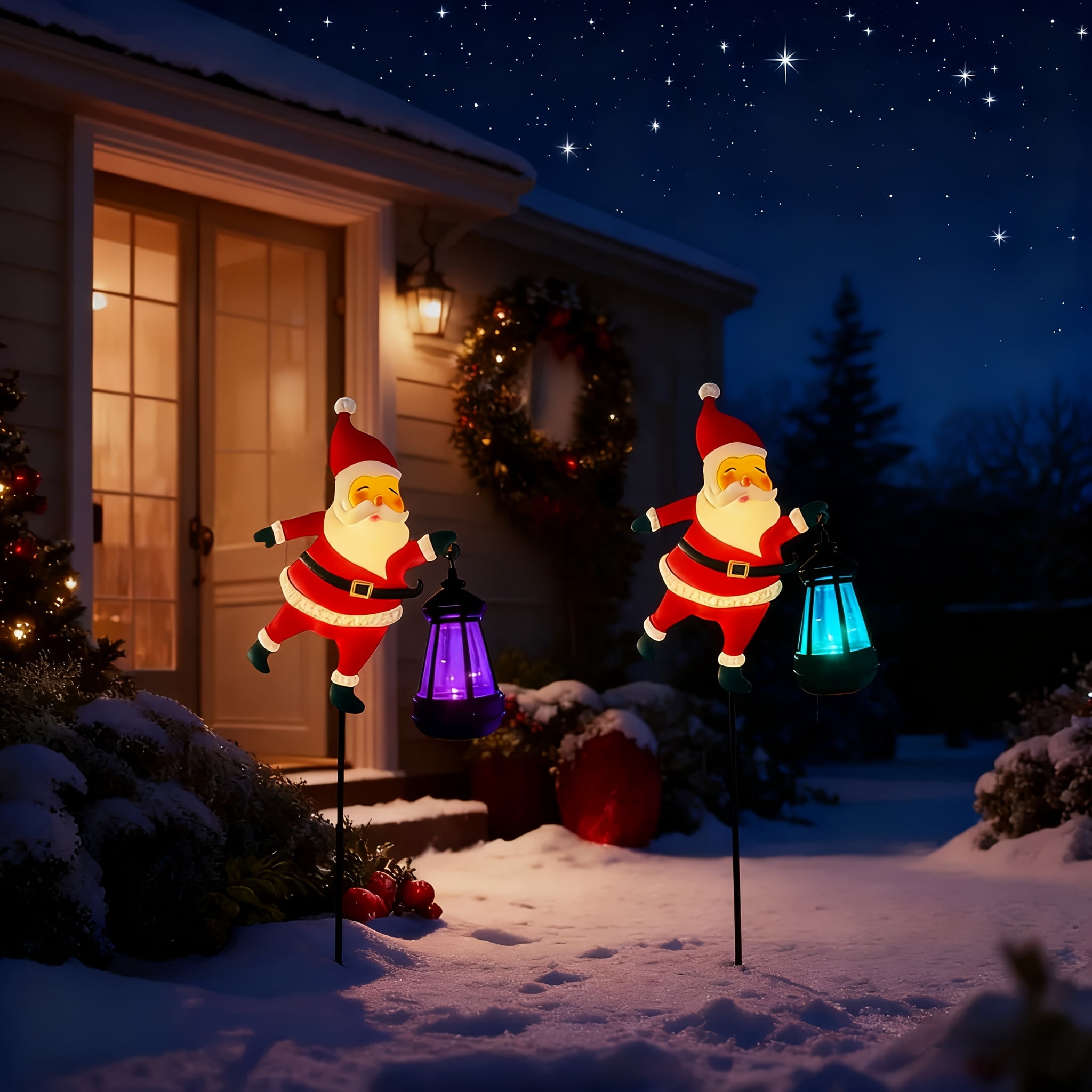 2-Pack Solar Santa Claus String Lights - 7 Color Changing + Warm White ...