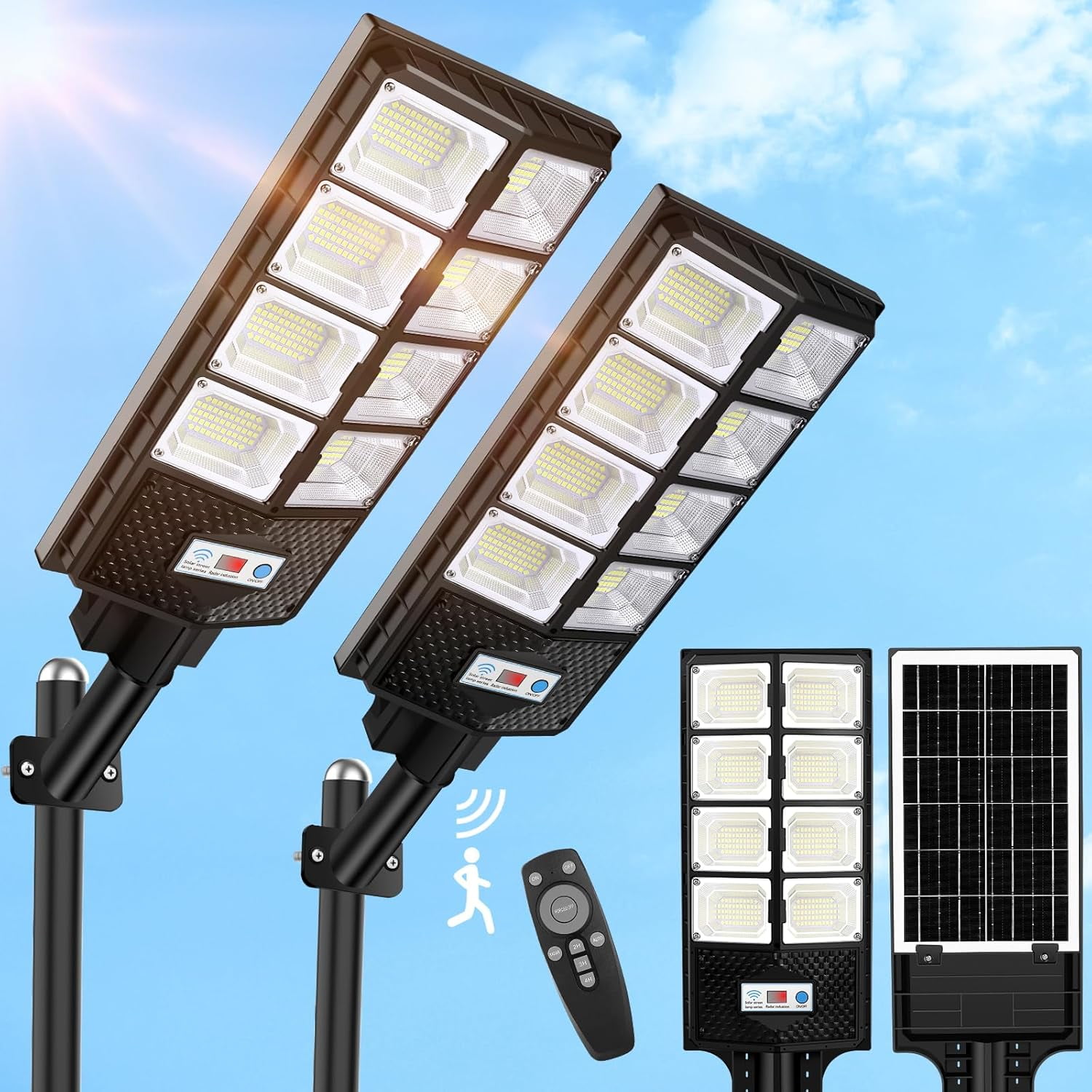 2 Pack Solar Street Lights Outdoor Waterproof, 10000LM 448 LEDs Solar ...