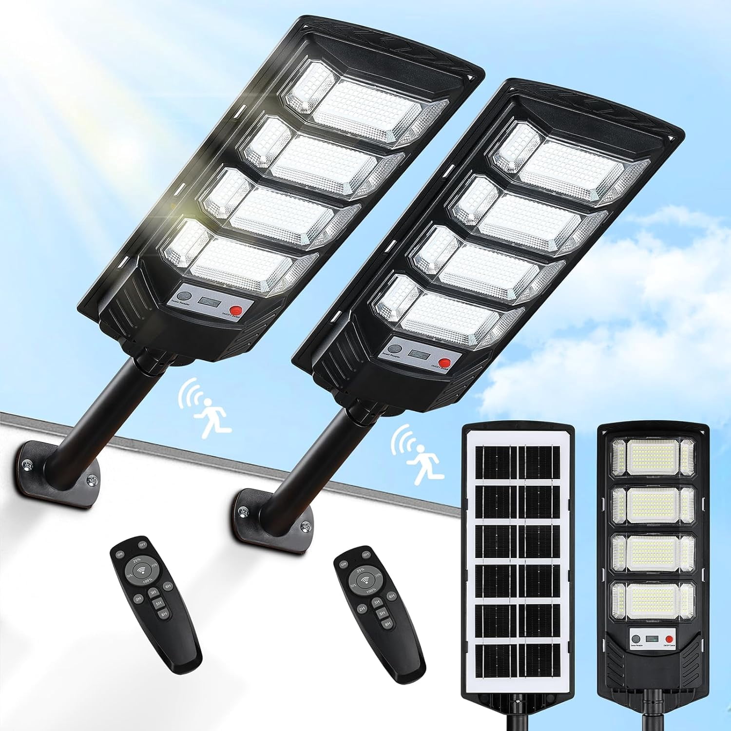 2 Pack Solar Street Lights Outdoor Waterproof 10000LM 6500K, Light Dusk ...