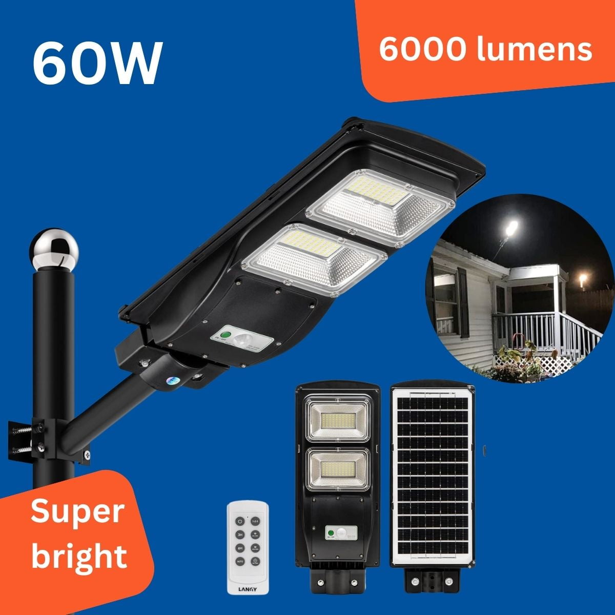 LANGY 60W Solar-powered Outdoor Light, 6000 Lumens, 10000mAH Battery ...