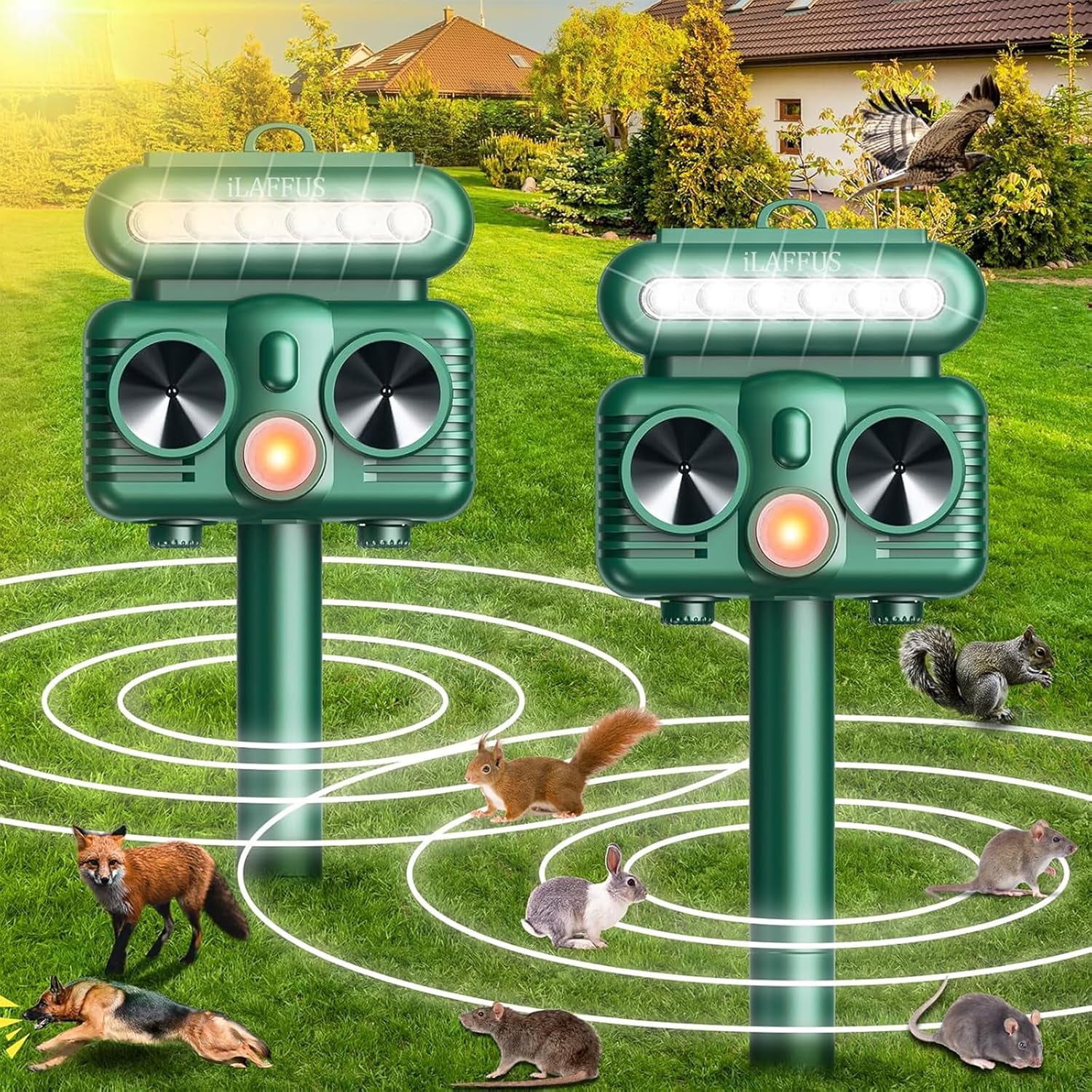 2 Pack Solar Ultrasonic Animal Repelent Outdoor, Deer Squirrel Cat ...