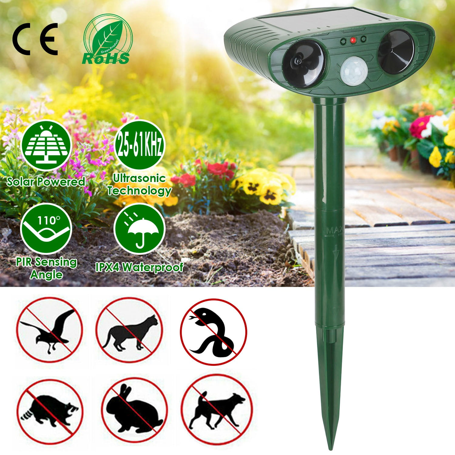 2 Pack Solar Ultrasonic Animal Repeller PIR Motion Sensor IPX4 ...