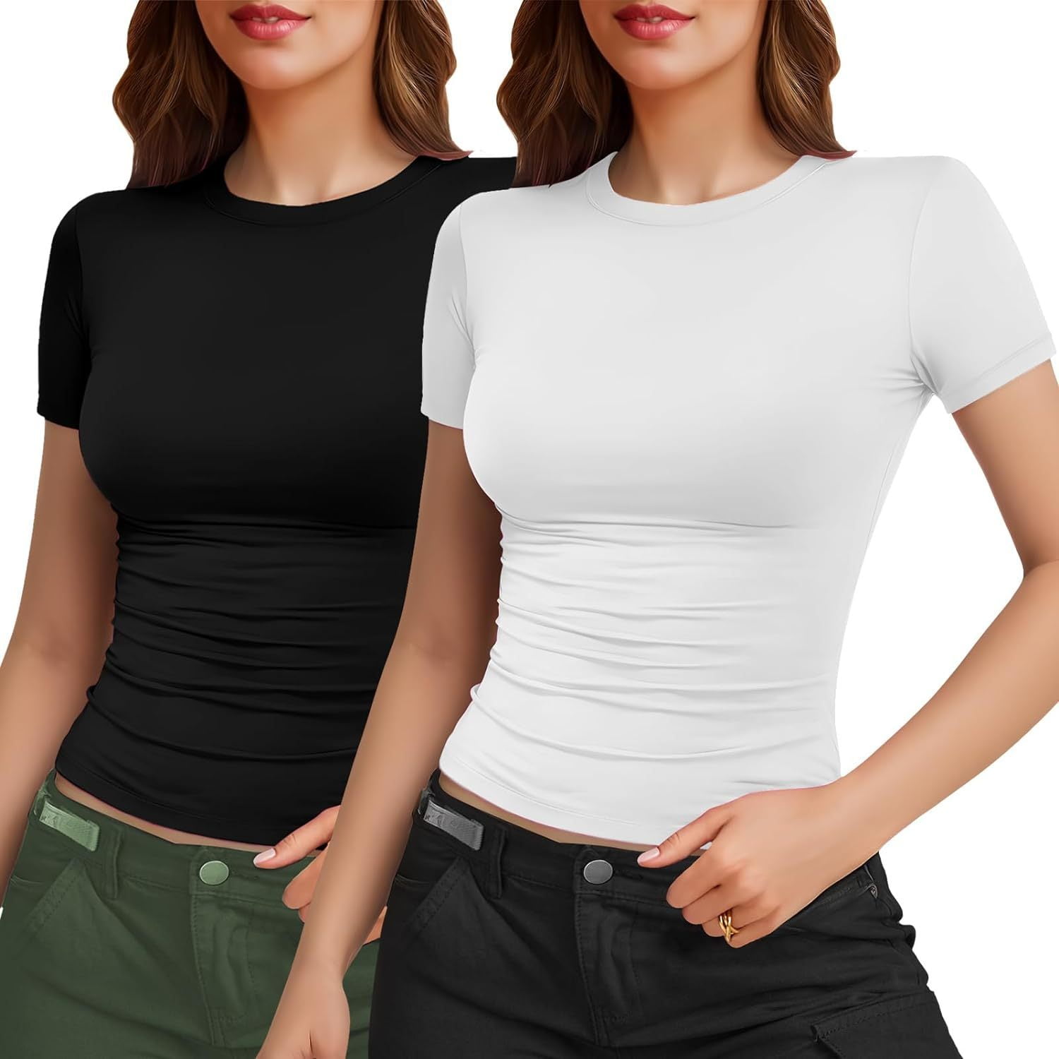 2-Pack Solid Color Women's Basic Short Sleeve Tight Crew Neck T-Shirts ...