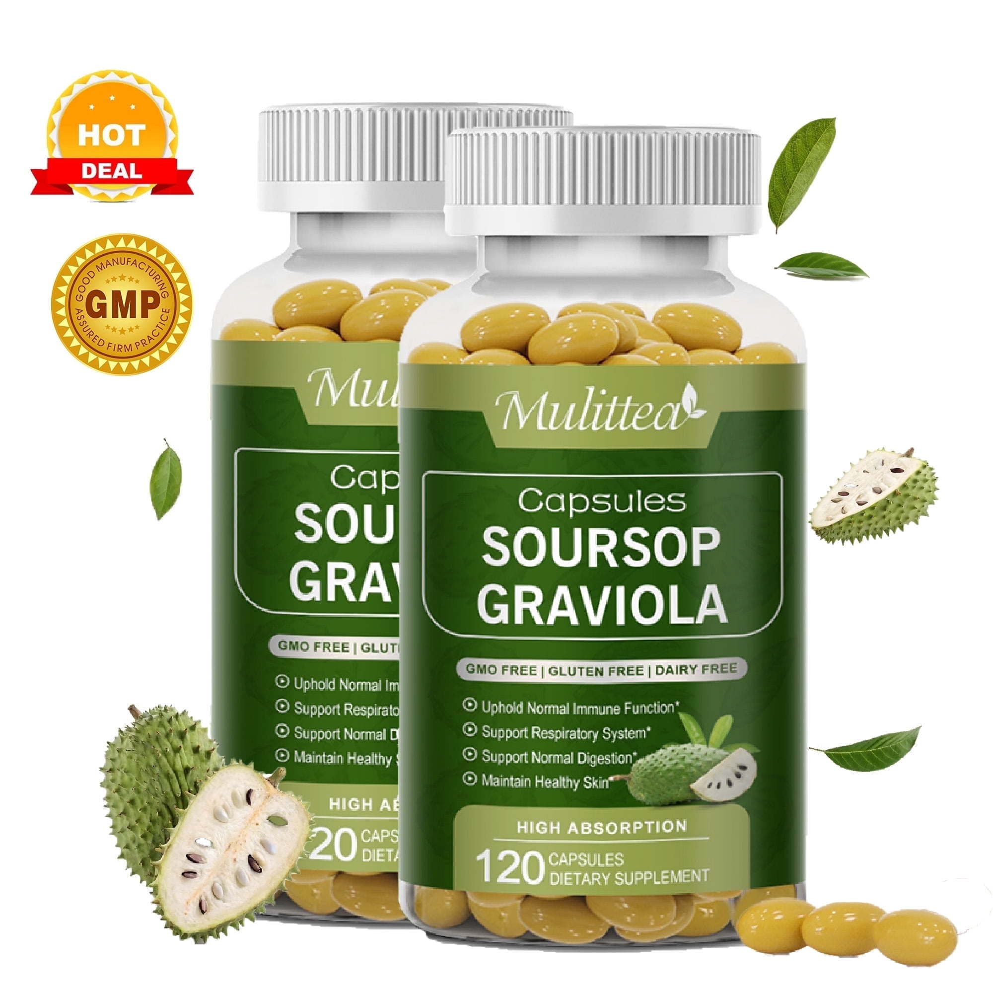 (2 Pack)Soursop Graviola Leaves - 1000mg 120 Caspules - Non-GMO, Gluten ...