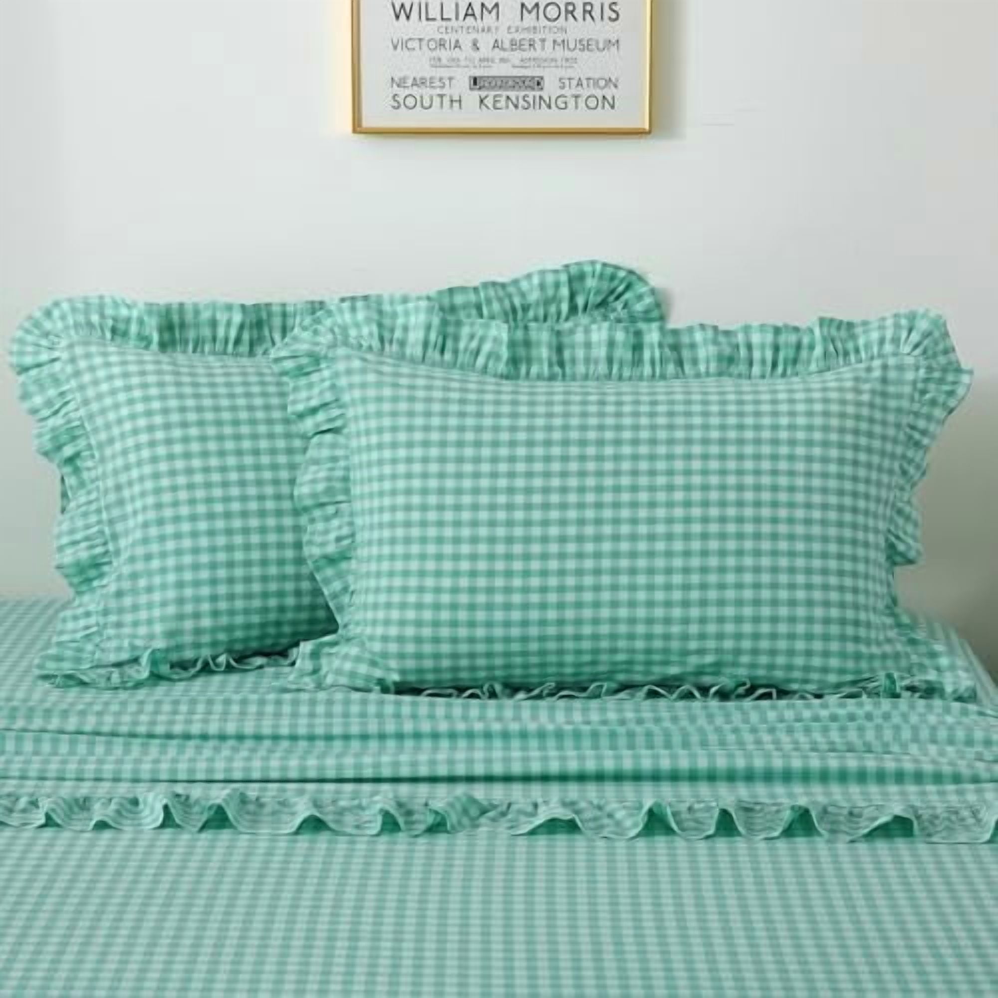 2 Pack Spa Blue White Plaid Ruffle Gingham King Size Pillow Shams, 100% ...