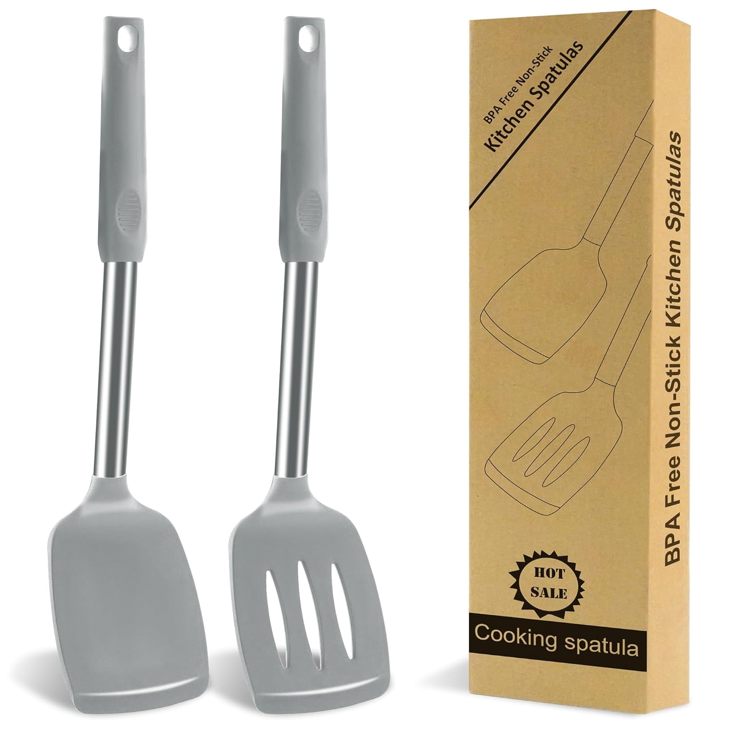 2 Pack Spatulas Solid Slotted Silicone Spatula Set Stainless Steel ...