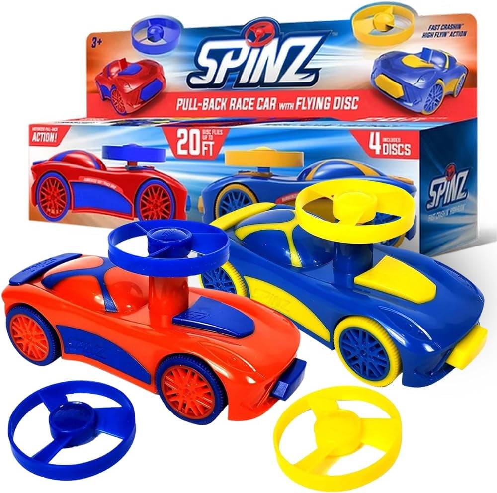 2 Pack Spinz Race Cars with Flying Disc Launchers, Pull Back Bumper Toy ...
