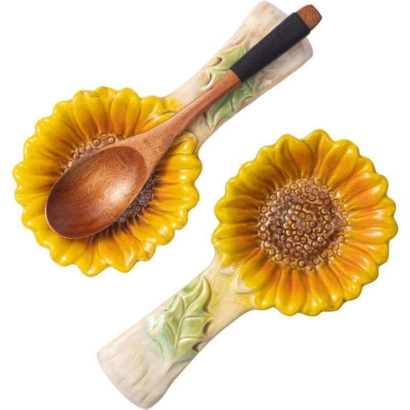 2 Pack Spoon Rest for Stove Top, Sunflower Ceramic Spoon Holder for ...