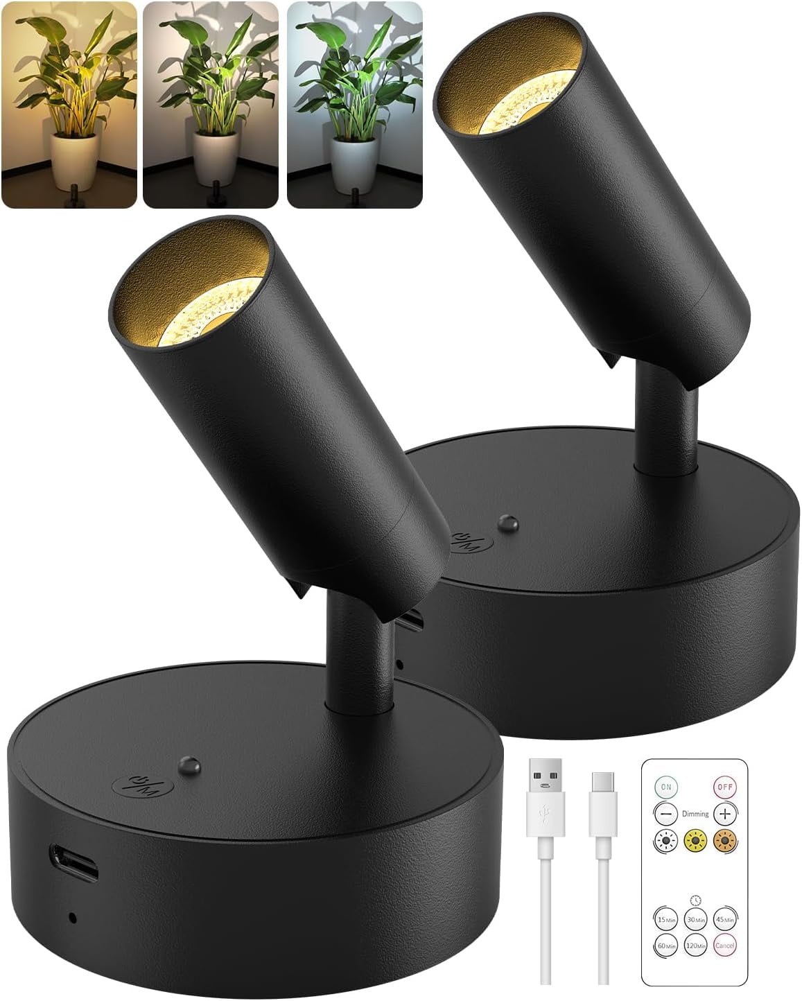 2 Pack Spotlights Indoor with Remote, 3000mAh Rechargeable Battery ...