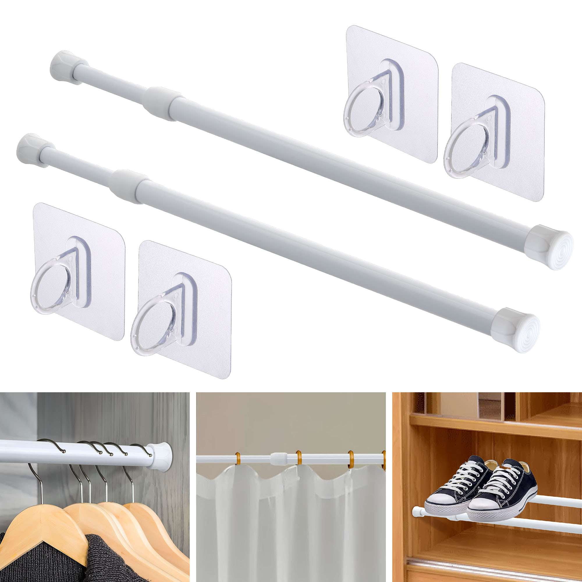 2 Pack Spring Tension Rods with 4Pcs Adhesive Hooks, 11.8"-19.7 ...