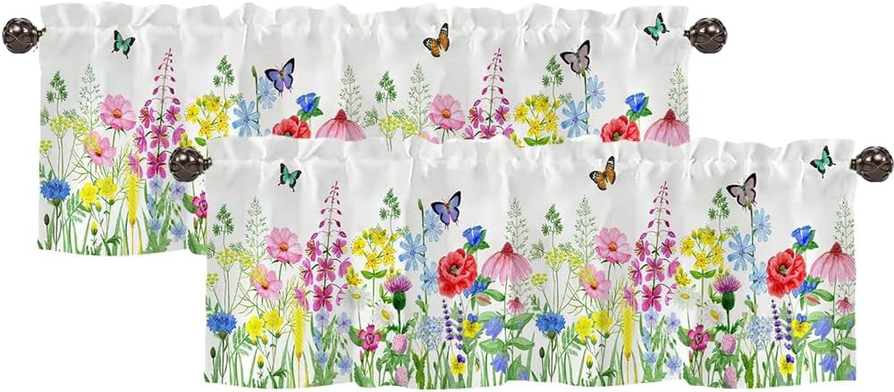 2 Pack Spring Watercolor Flowers Valance Curtains for Windows ...