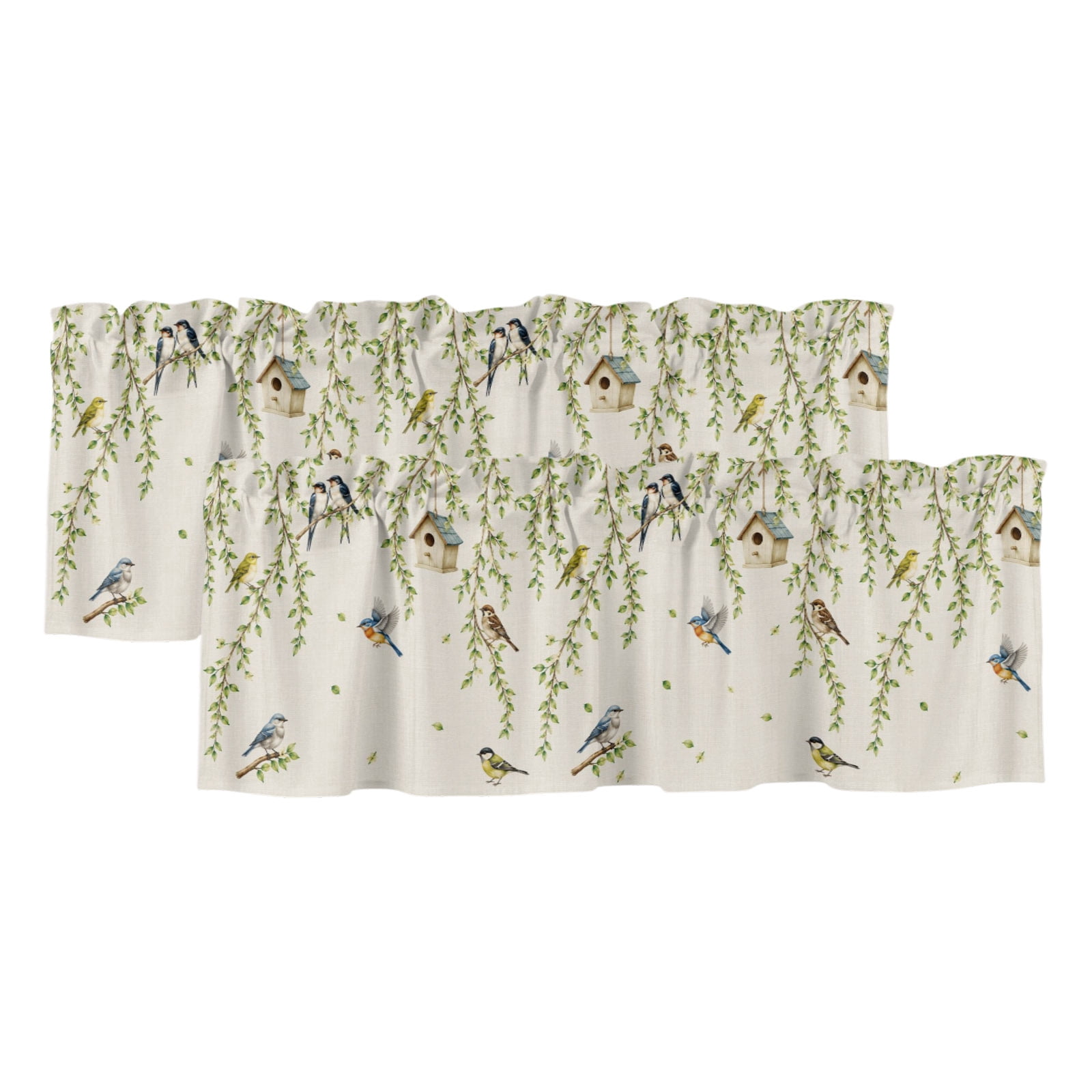 2 Pack Spring Willow Birds Valance for Window Rustic Green Beige Vines ...