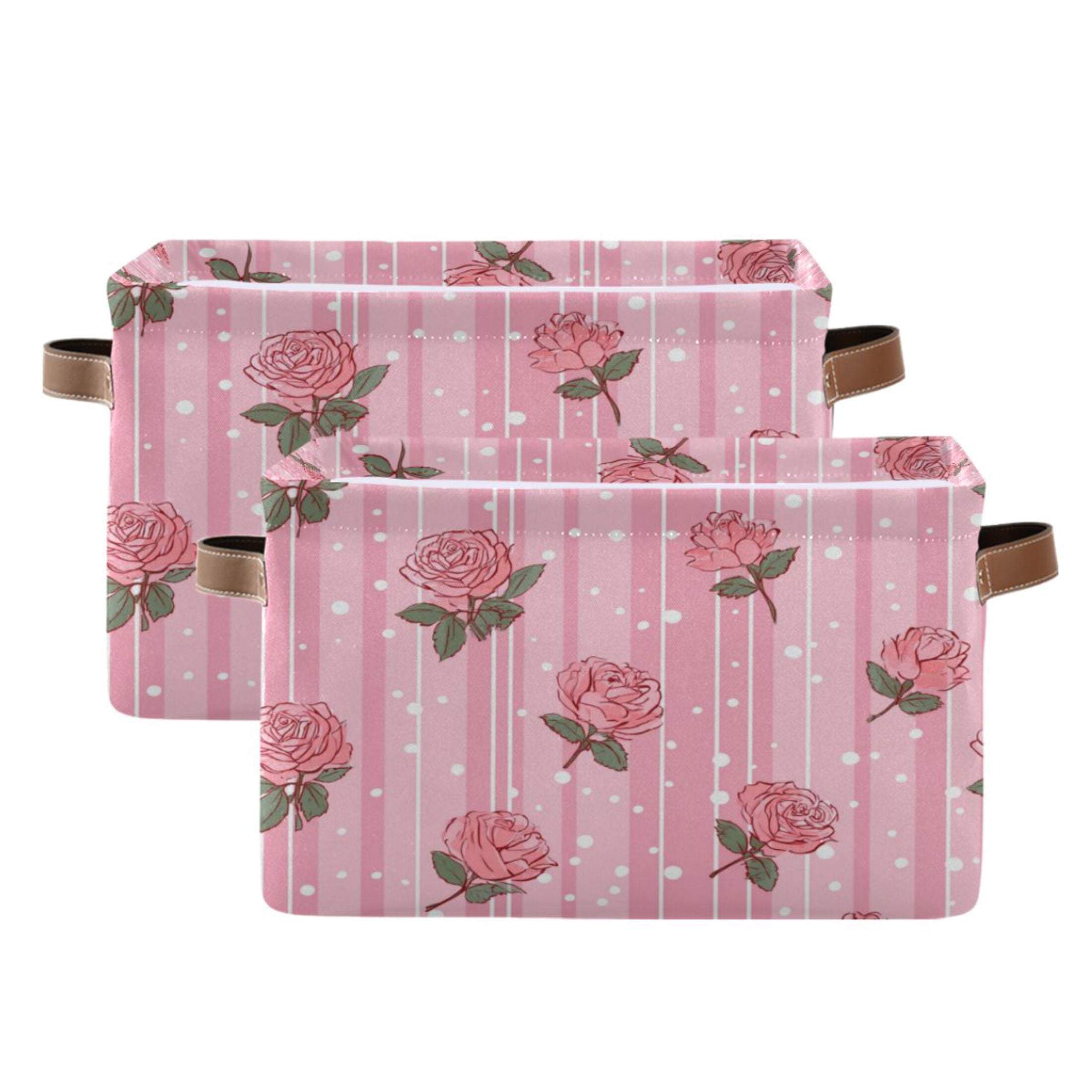 2-Pack Square Closet Organizers with Handles Open Basket Bins Cute Rose ...