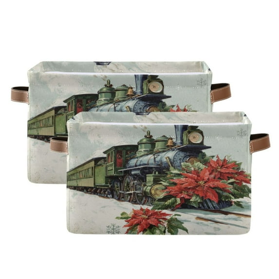 2-Pack Square Closet Organizers with Handles Open Basket Bins Old Train with Flowers Storage ...