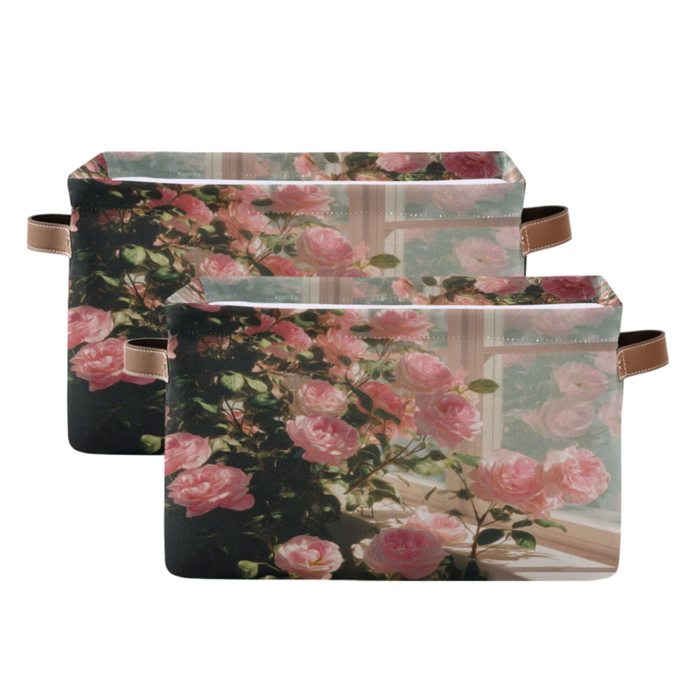 2-Pack Square Closet Organizers with Handles Open Basket Bins Pink Rose ...