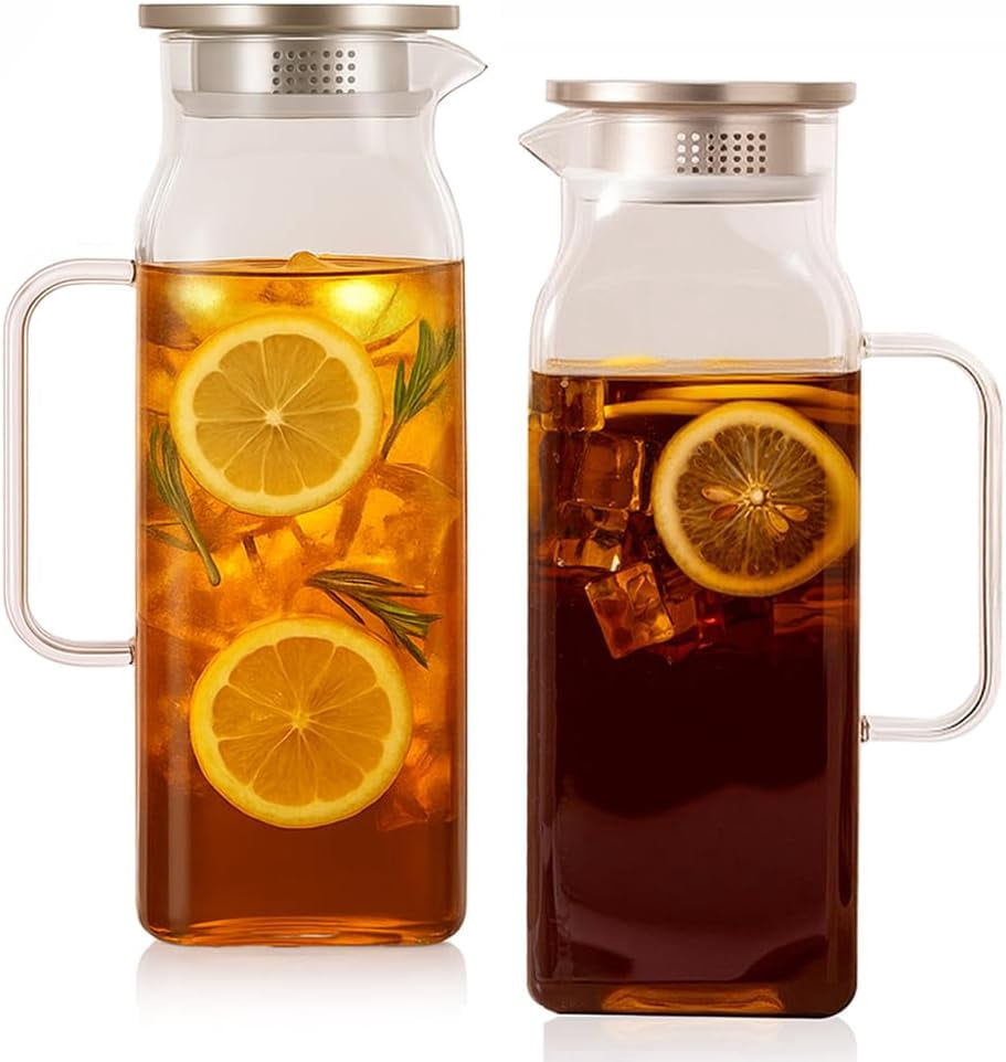 2 Pack Square Glass Water Pitcher with Lid and Spout, 2L/68oz Heat ...