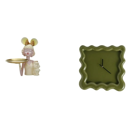 2 Pack Square Wall Clock Girl Figurine Key Storage Tray Modern Resin ...