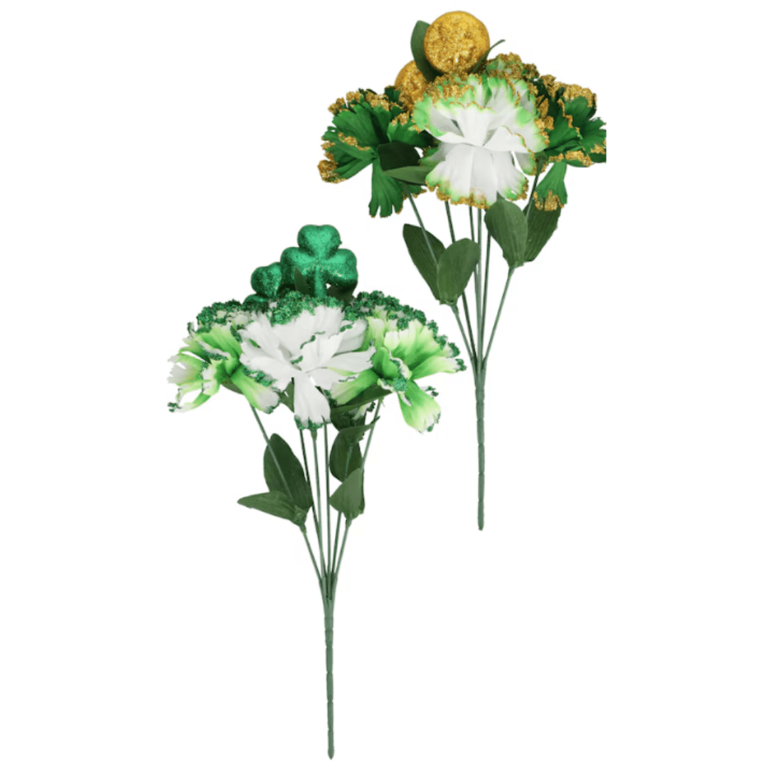 2-Pack St. Patrick's Day Artificial Carnation Bouquet White and Green ...