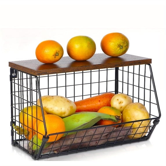 2-Pack Stackable 2-Tier Fruit Vegetable Storage Baskets with Wooden ...